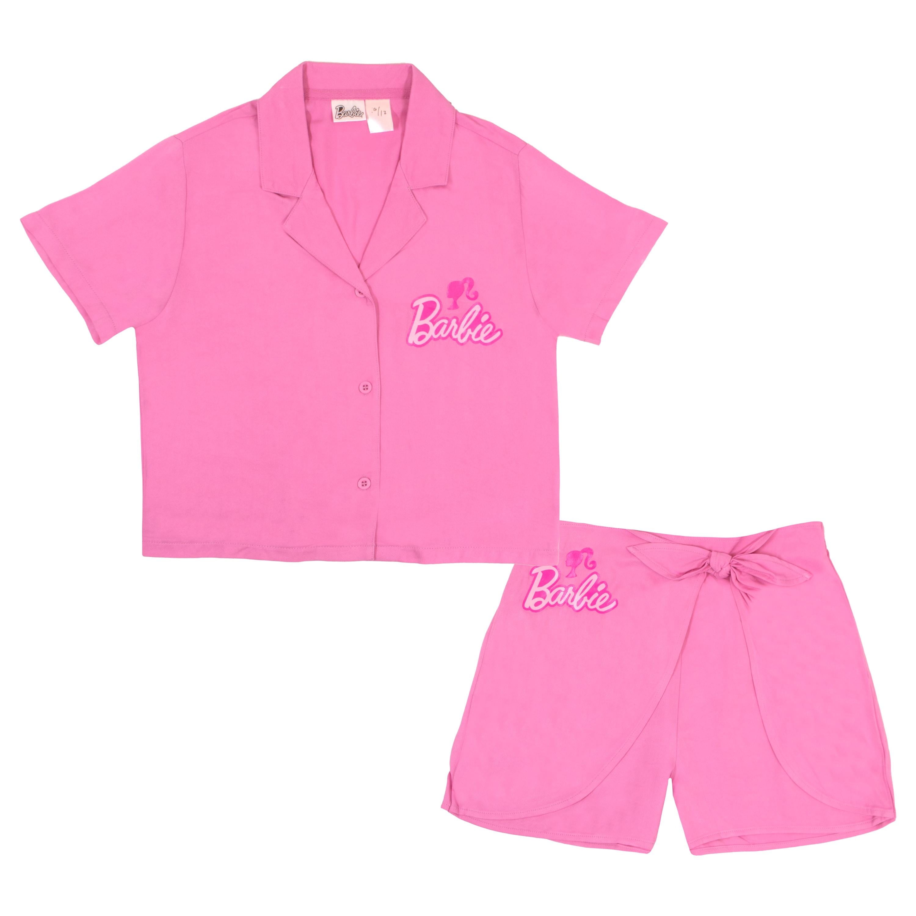 Barbie Button Down Shirt Tie Knot Short Print Outfit Set (Big Girls ...