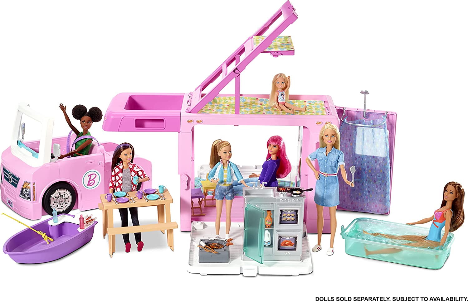 Barbie Camper Playset, 3-in-1 DreamCamper with Pool & 50 Accessories ...