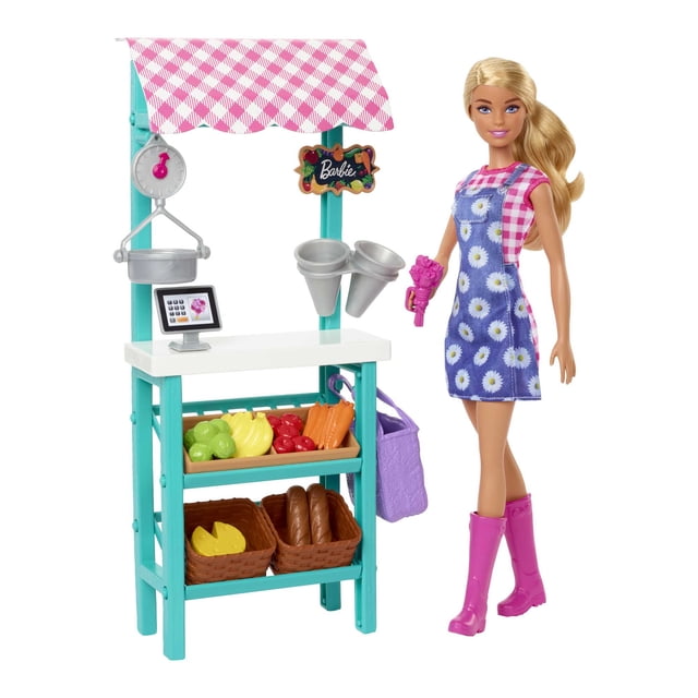 Barbie Careers Farmers Market Playset, Blonde Doll with Grocery Set ...