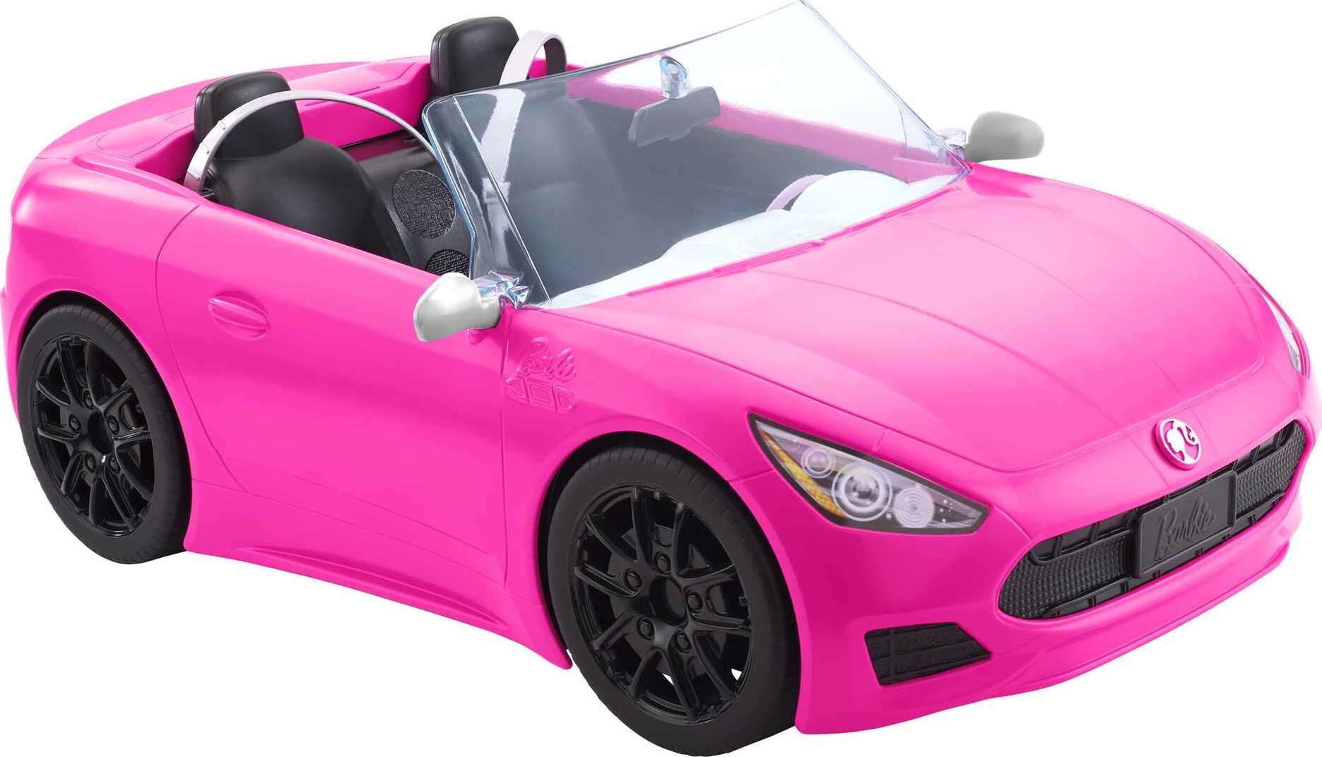 Barbie Convertible Toy Car, Bright Pink with Seatbelts and Rolling ...