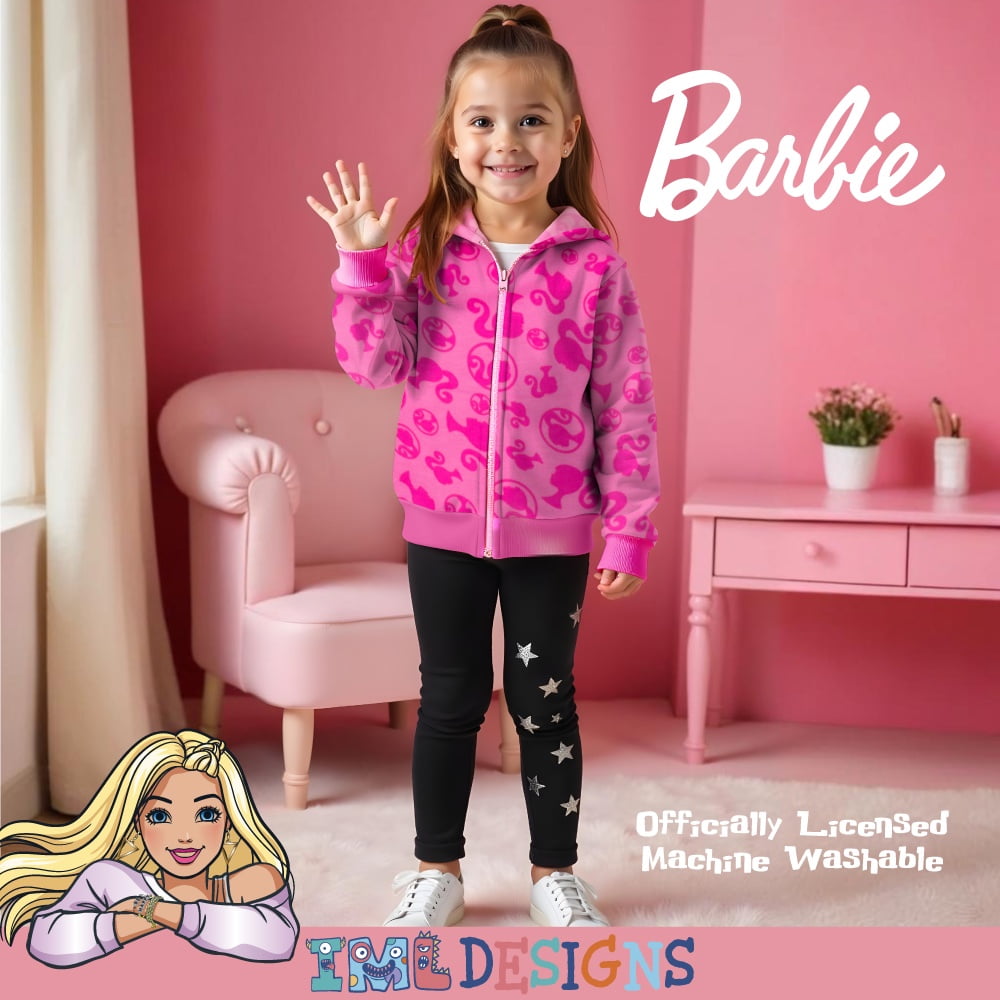 Barbie Cursive Logo All-Over Girls Zip-Up Hoodie for Kids (Size 2T-6/6X ...