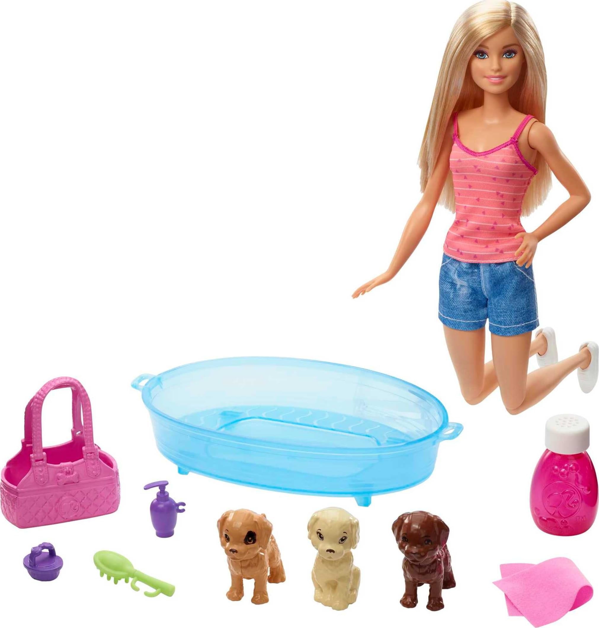 Barbie Doll, Blonde, and Playset with 3 Puppies, Bathtub and ...