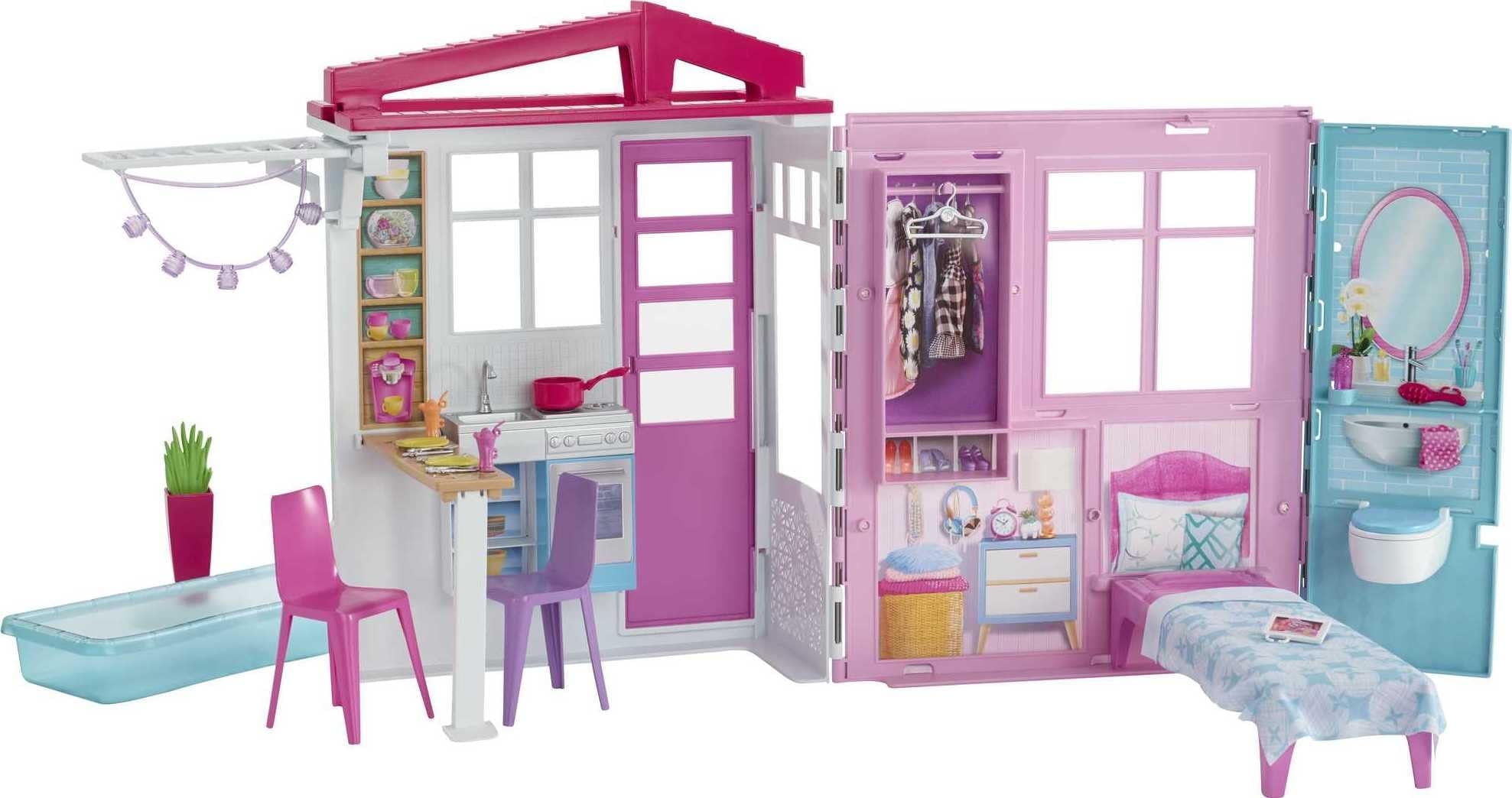 Barbie Doll House Playset with Toy Furniture & Accessories, Portable ...