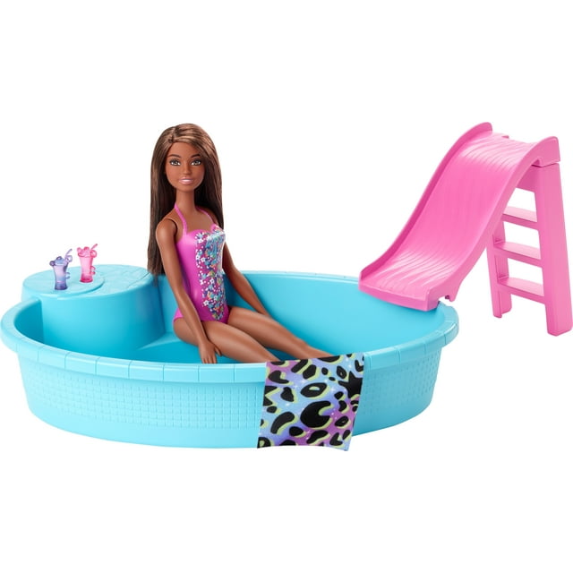 Barbie Doll and Pool Playset with Slide and Accessories, Brunette in ...