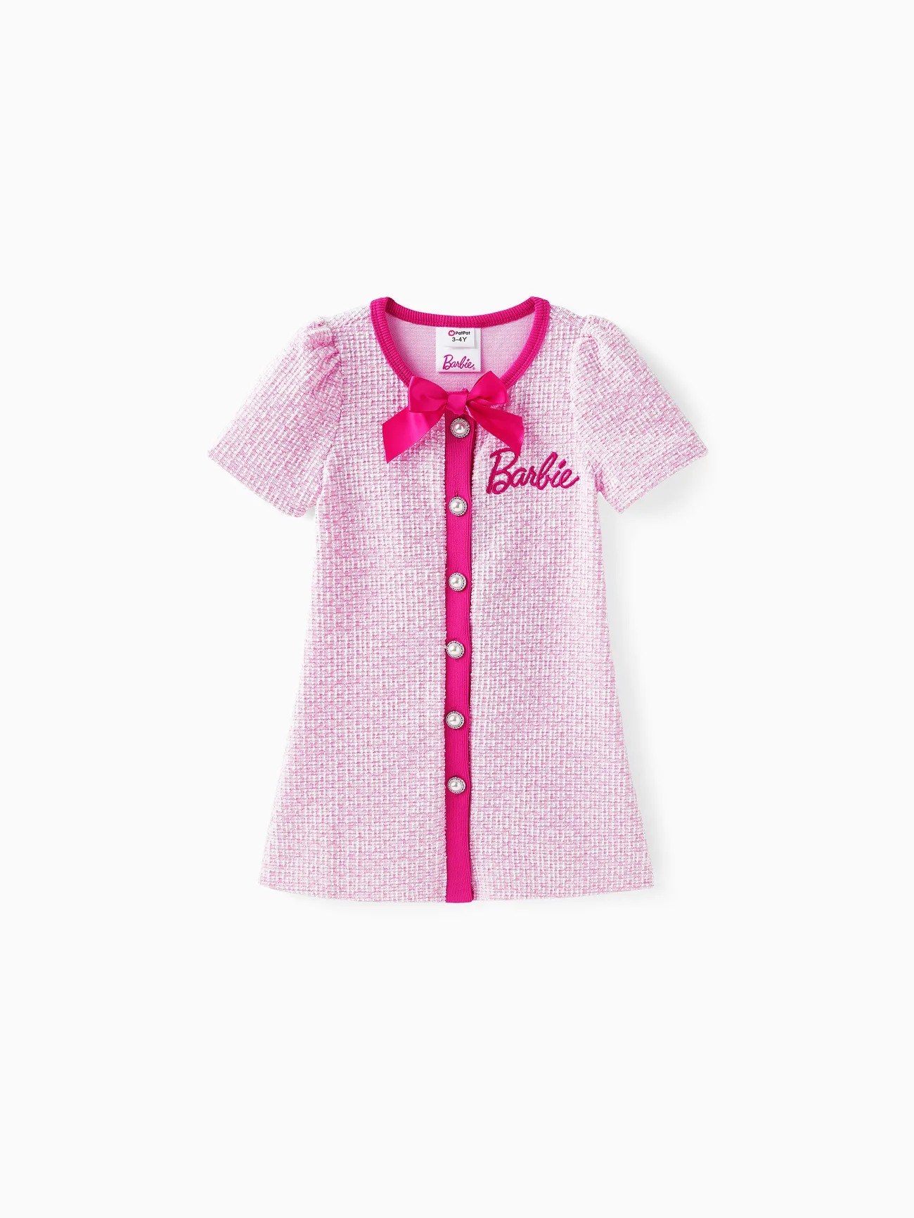 Barbie Dolls Girls Dresses Pink Tweed Crew Neck Bowknot Single Breasted ...