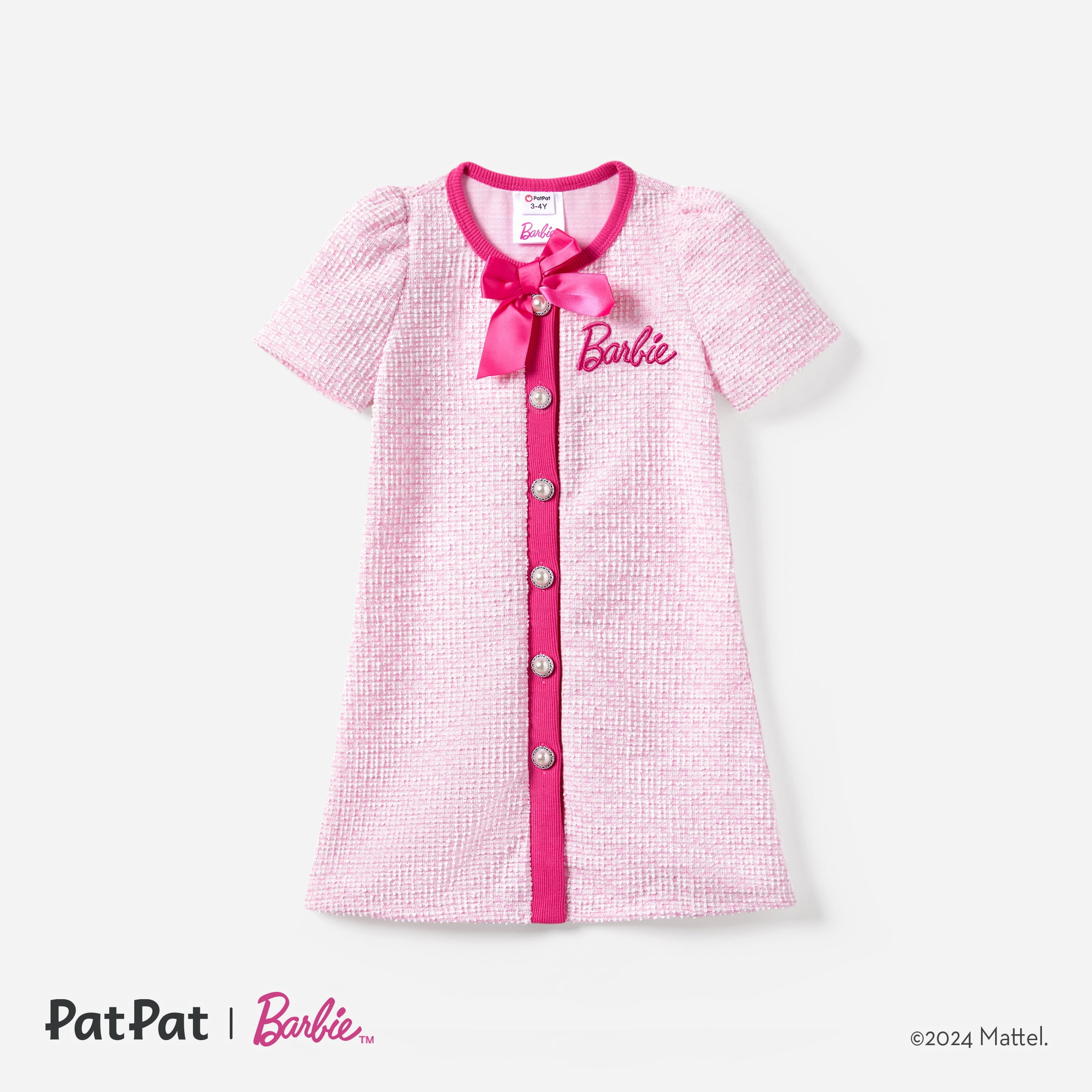 Barbie Dolls Girls Dresses Pink Tweed Crew Neck Bowknot Single Breasted ...