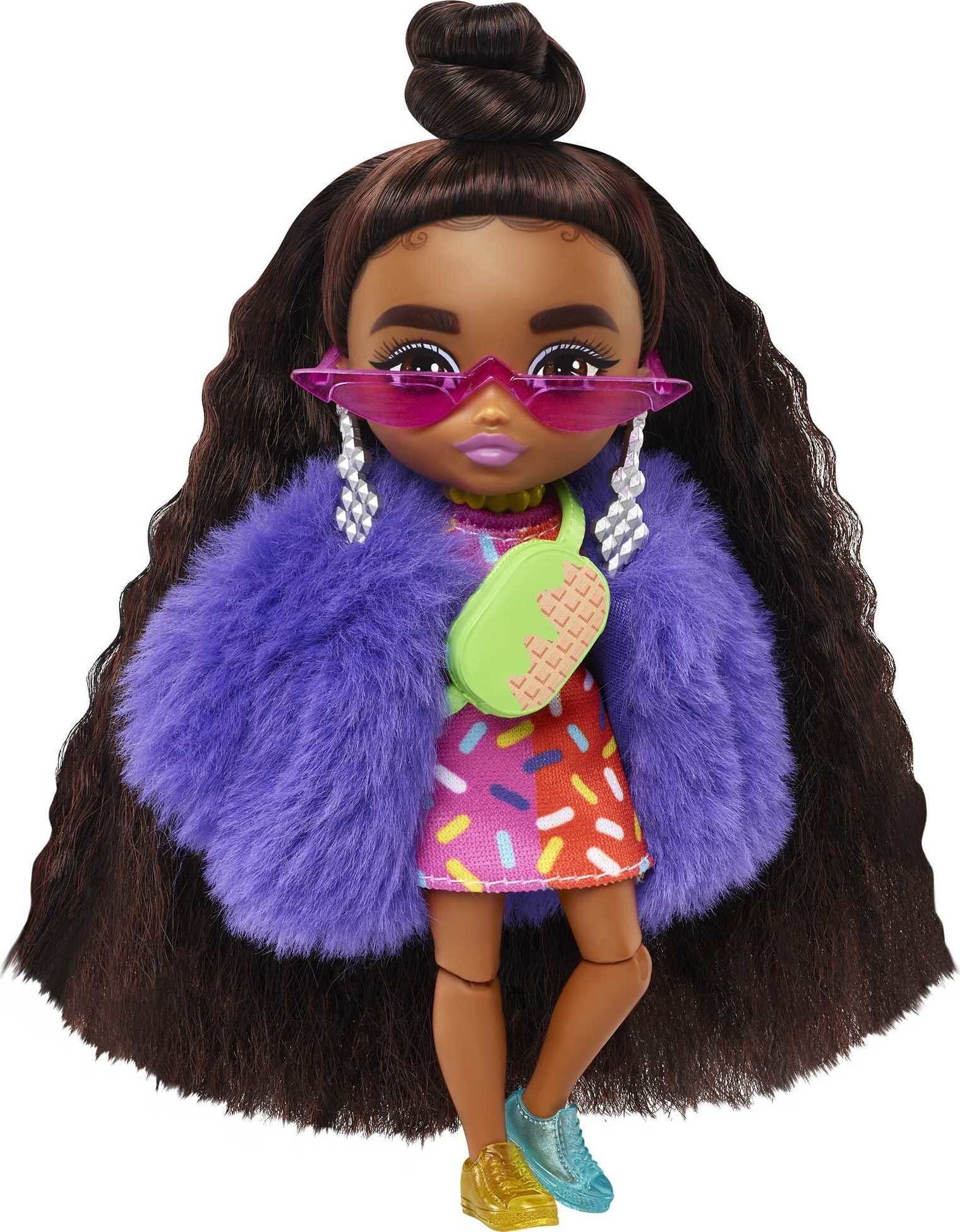 Barbie Extra Minis Doll #1: Fashionable Brunette with Top Bun, Furry ...