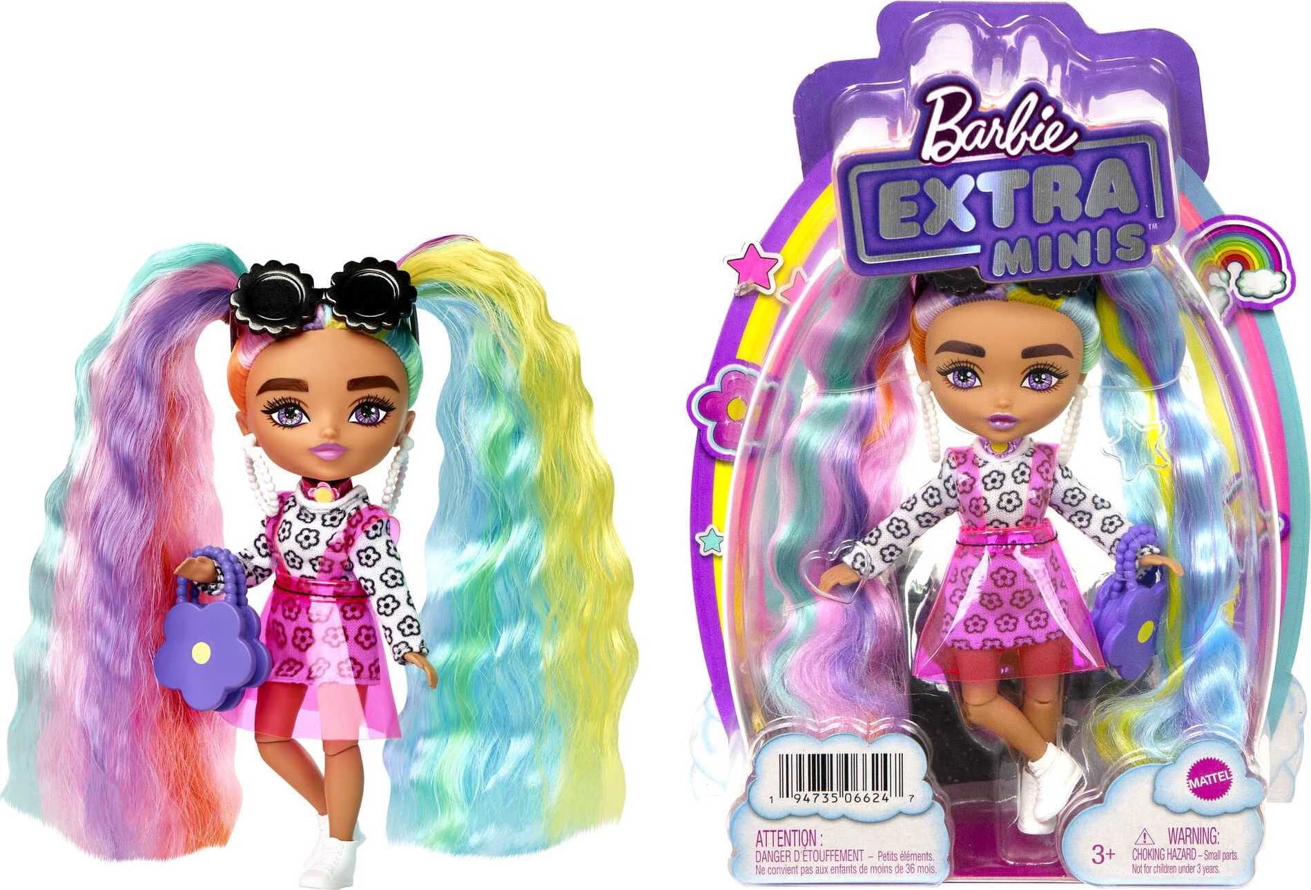 Barbie Extra Minis Doll #6 with Rainbow Pigtails in Daisy Dress & Vinyl ...