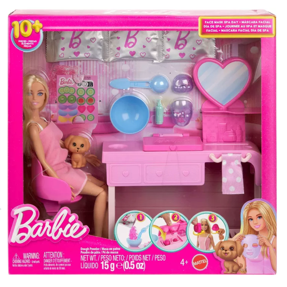 Barbie Face Mask Spa Day Playset with Doll, Puppy, Spa Accessories ...