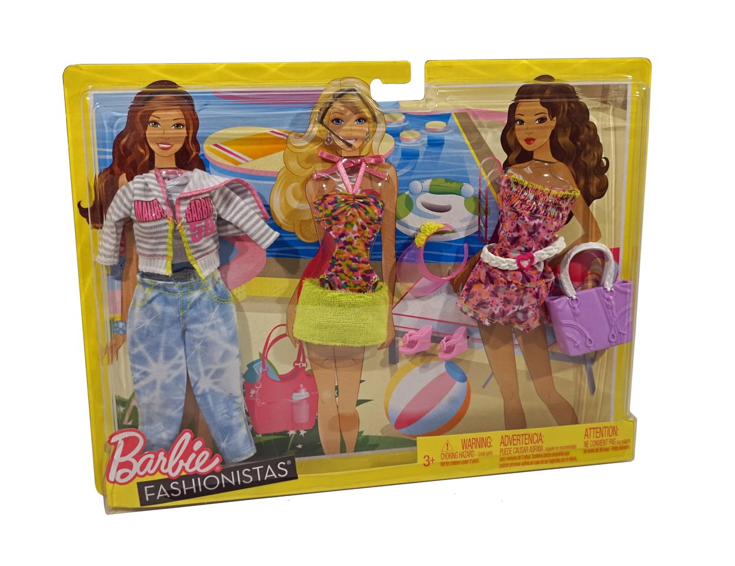 Barbie Fashionistas Bright Beach Outfits Plastic Doll Clothing, 3 ...