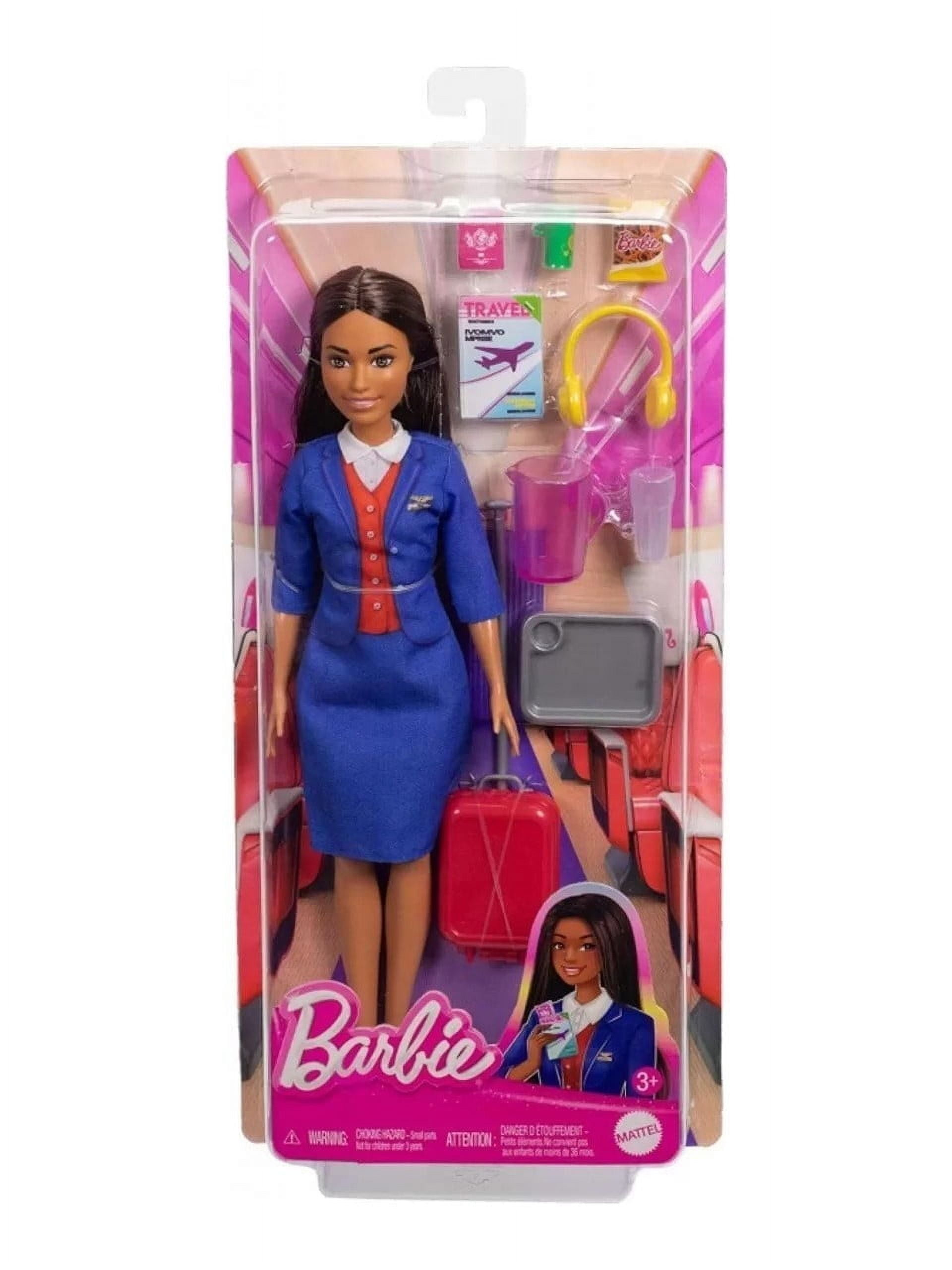 Barbie Flight Attendant Brunette Fashion Doll in Removable Blue Uniform ...