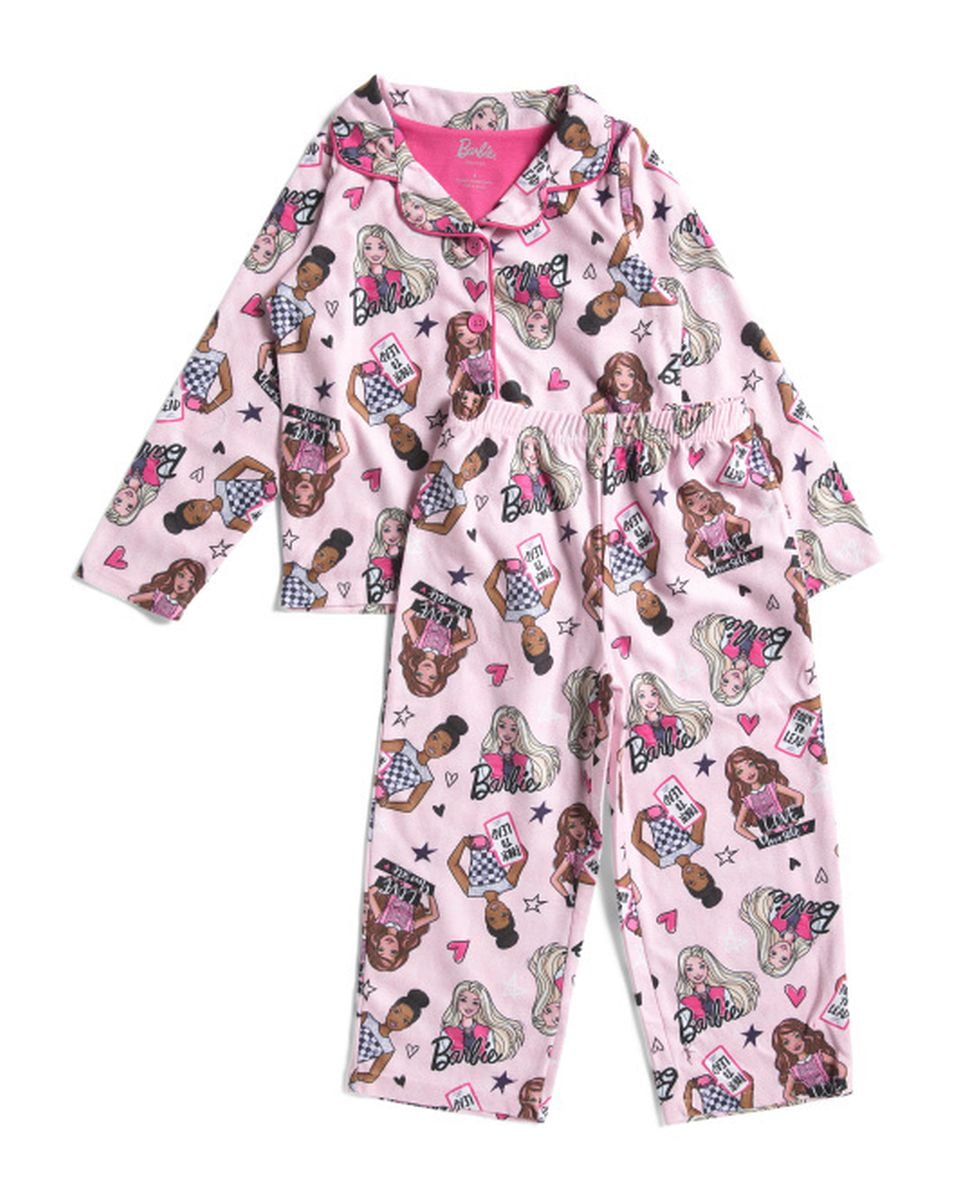 Barbie Girl's Character Print Button-Down Pink Soft Flannel Pajama Set ...