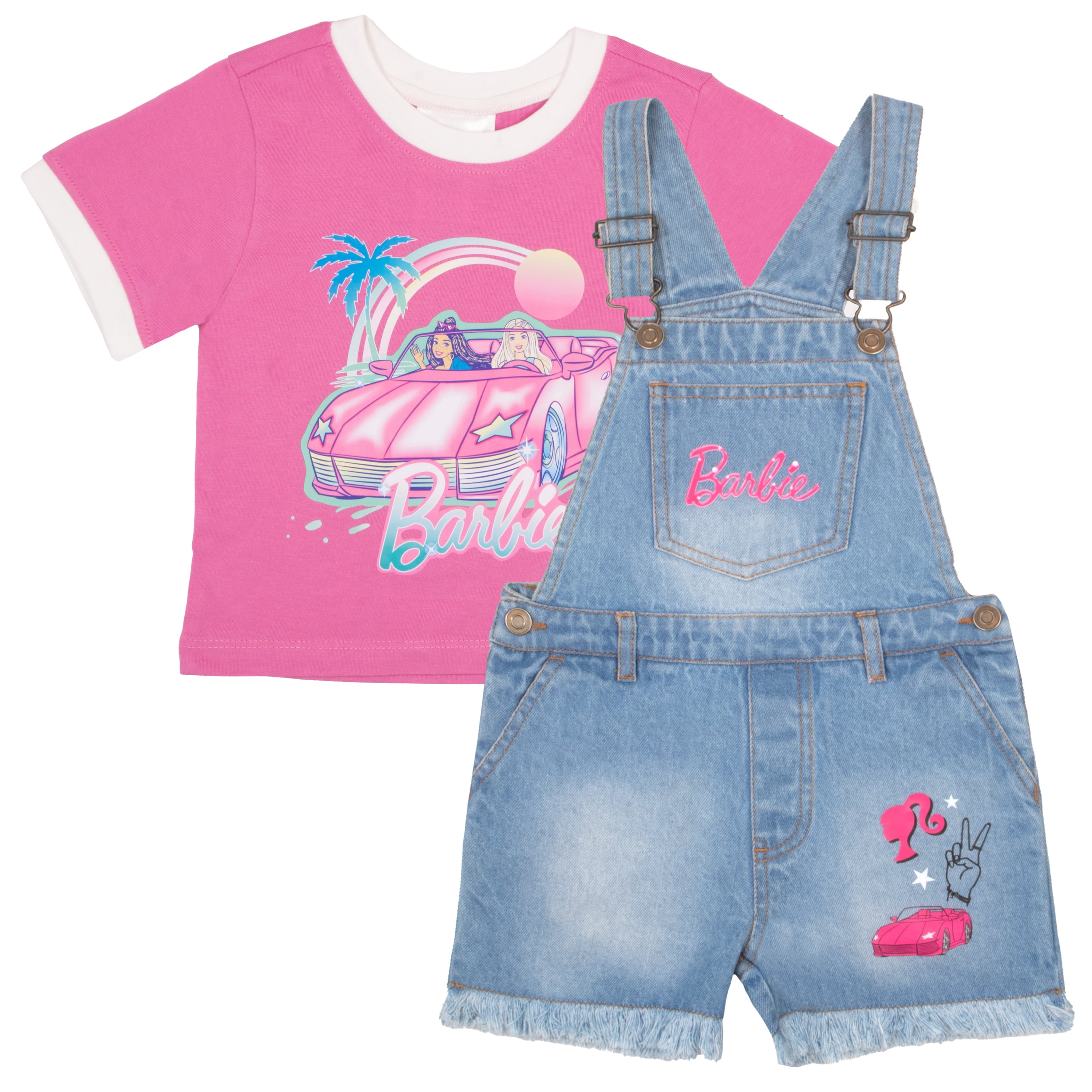 Barbie Girl's Crewneck T-Shirt and Denim Short Overalls 2-Piece Set ...