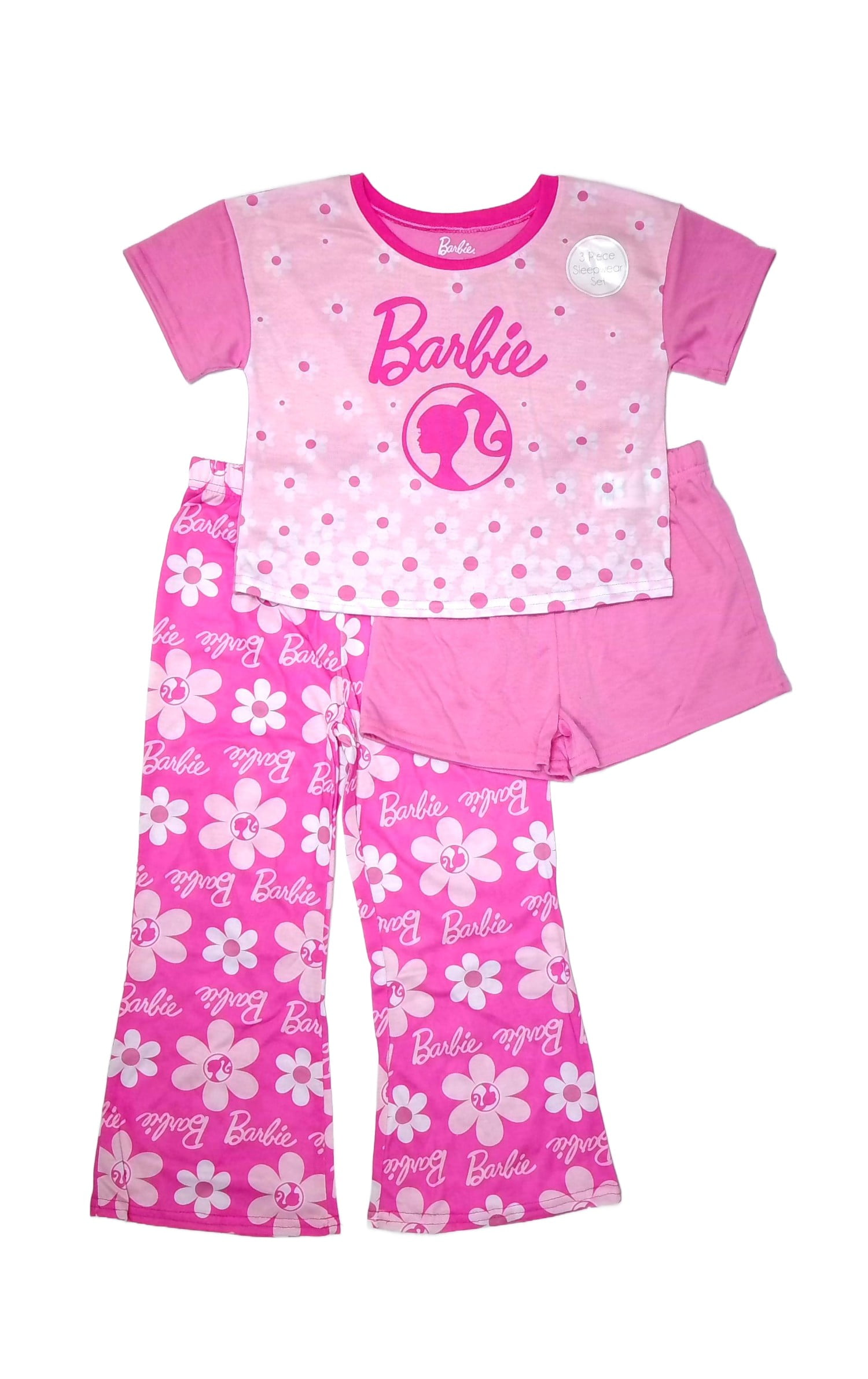 Barbie Girl's Pink Floral Character 3-Piece Pajama Top, Shorts and ...