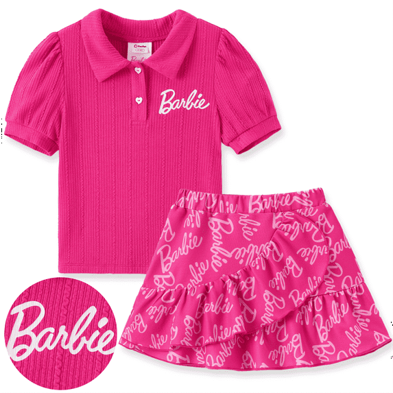 Barbie Girls 2 Piece Outfit Set Rib Knit Polo Shirt Puff Sleeve Ruffle ...
