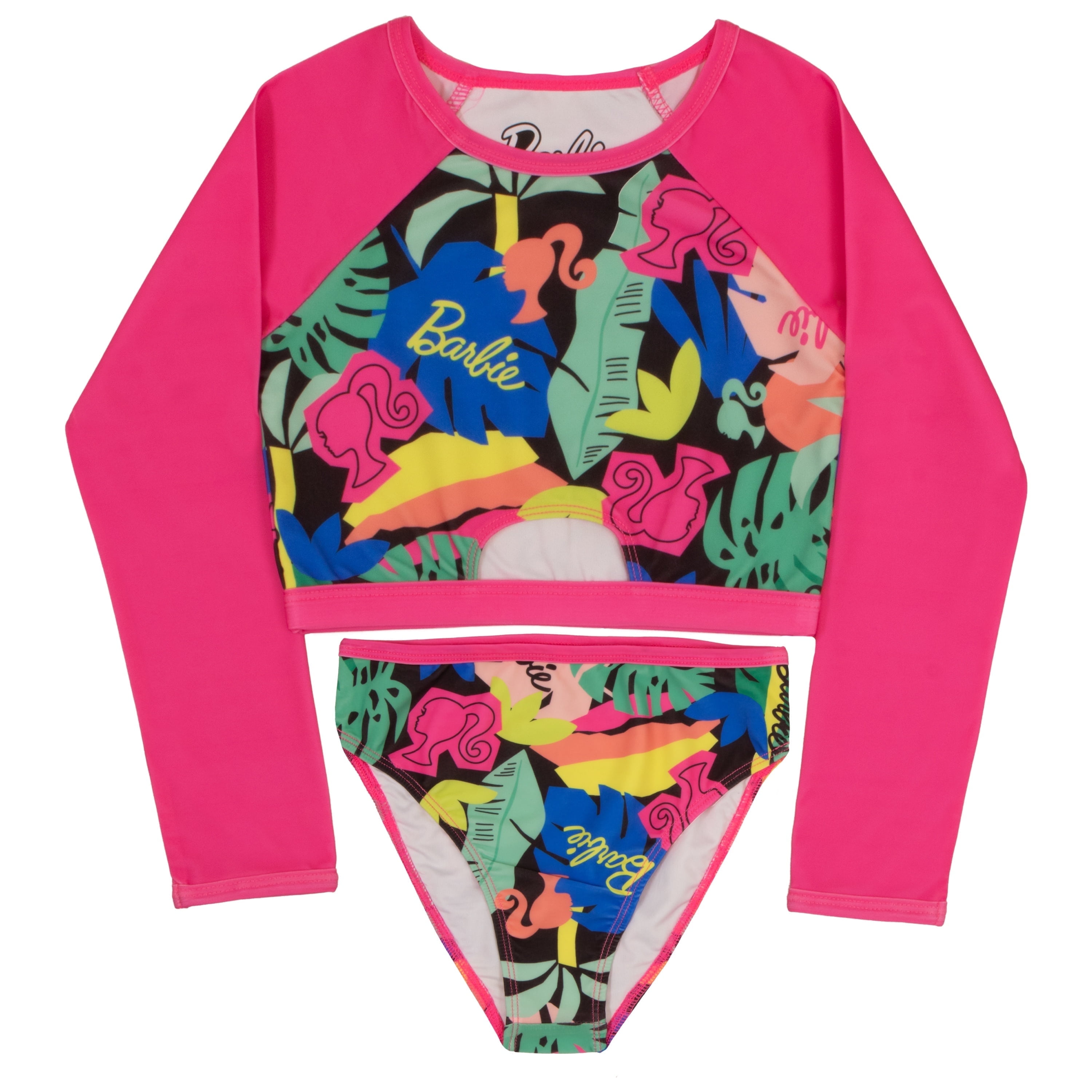 Barbie Girls 2-Piece Swimsuit Set, Cropped Long-Sleeved Rash Guard and ...