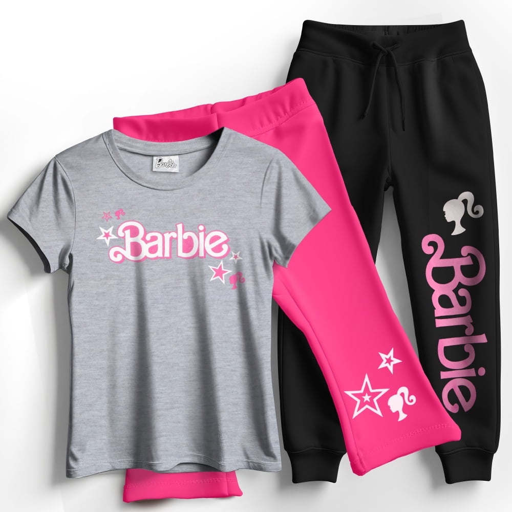Barbie Girls 3 Piece Set T-Shirt, Flared Leggings & Joggers Barbie Logo ...