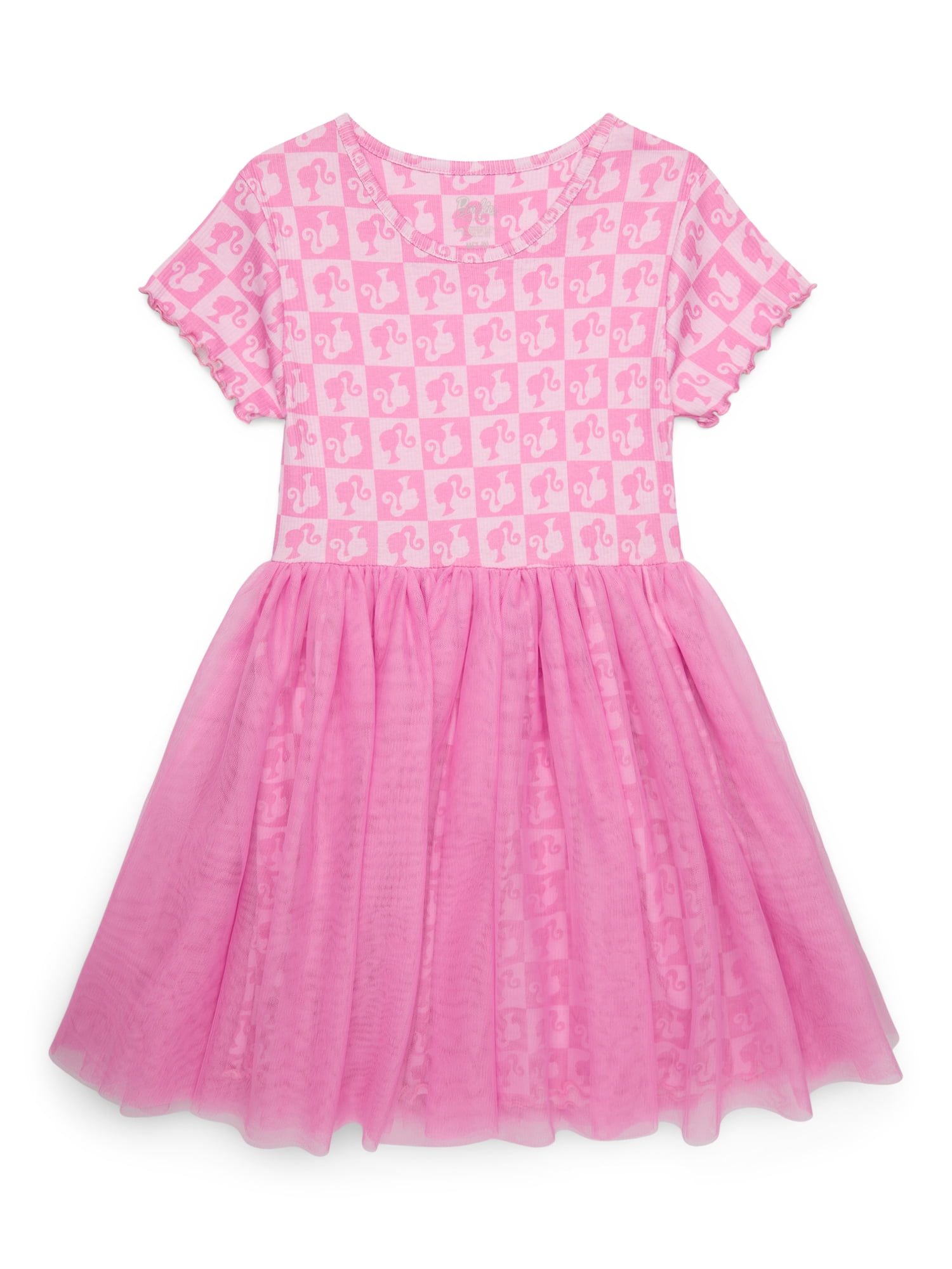 Barbie Girls All Over Print Tulle Dress with Short-Sleeves, Sizes 4-12 ...