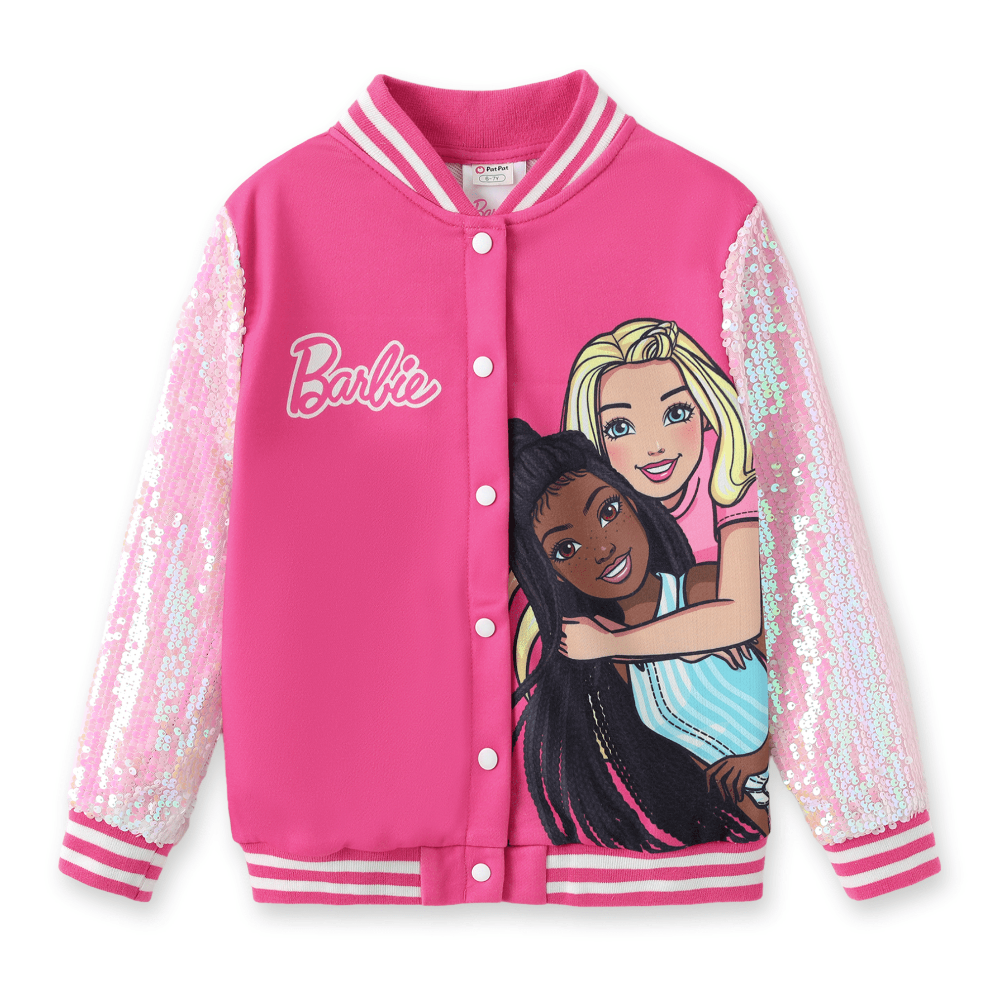 Barbie Girls Bomber Jacket Sequin Sleeve Lightweight Pink Cartoon ...