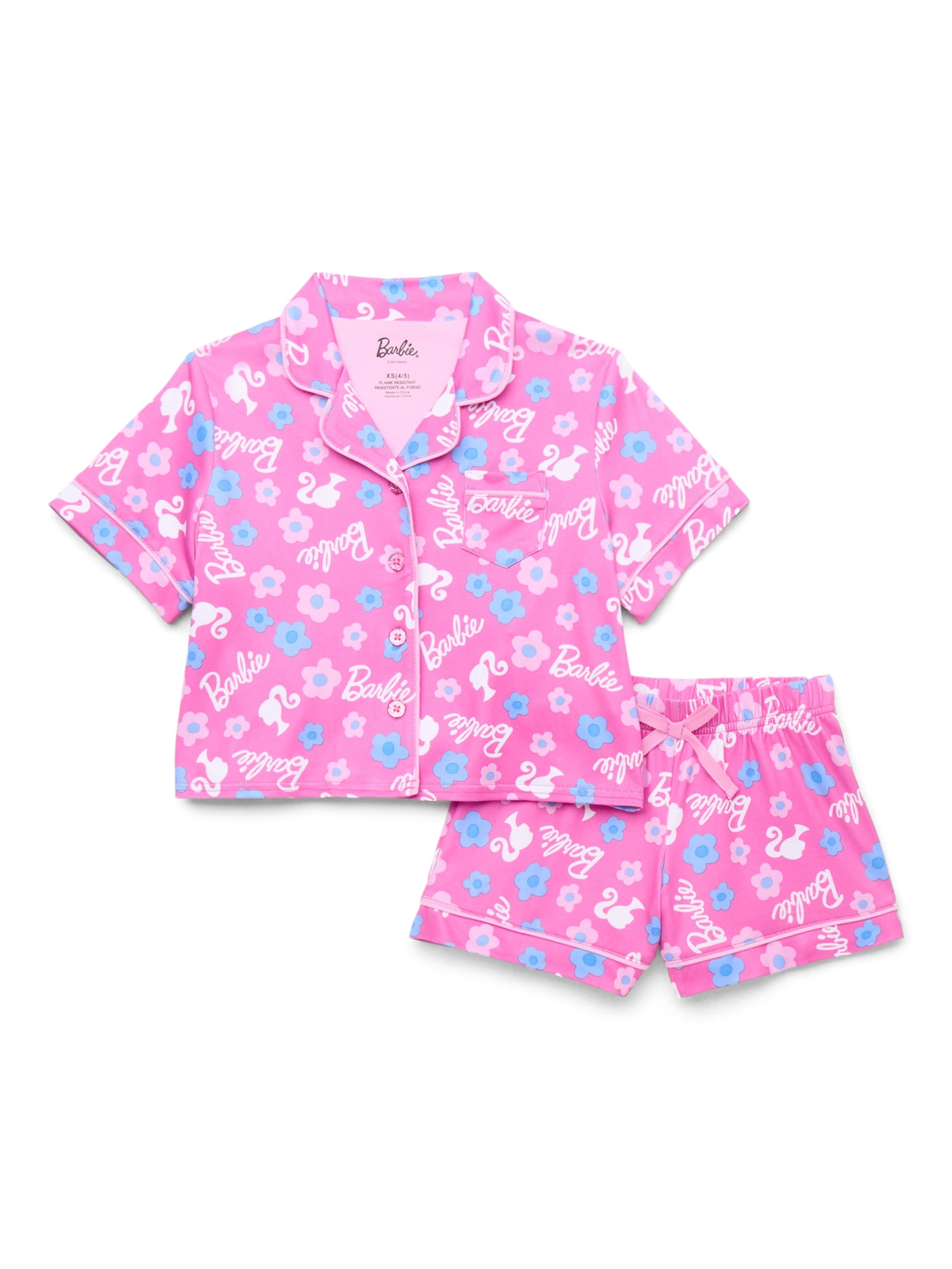 Barbie Girls' Button Front Top and Shorts Pajama Set, 2-Piece, Sizes 4 ...