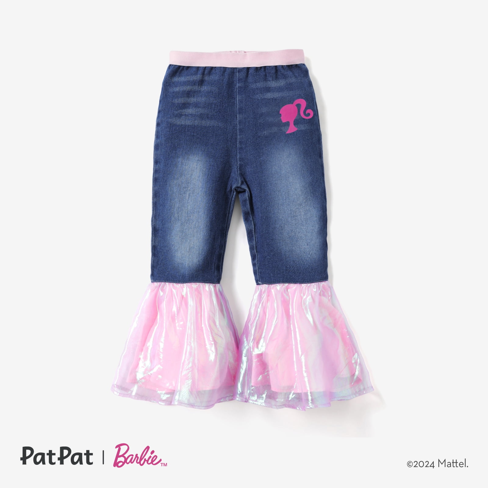 Barbie Girls Jeans Logo Print Flare Leg Mesh Elastic Waistband Denim ...