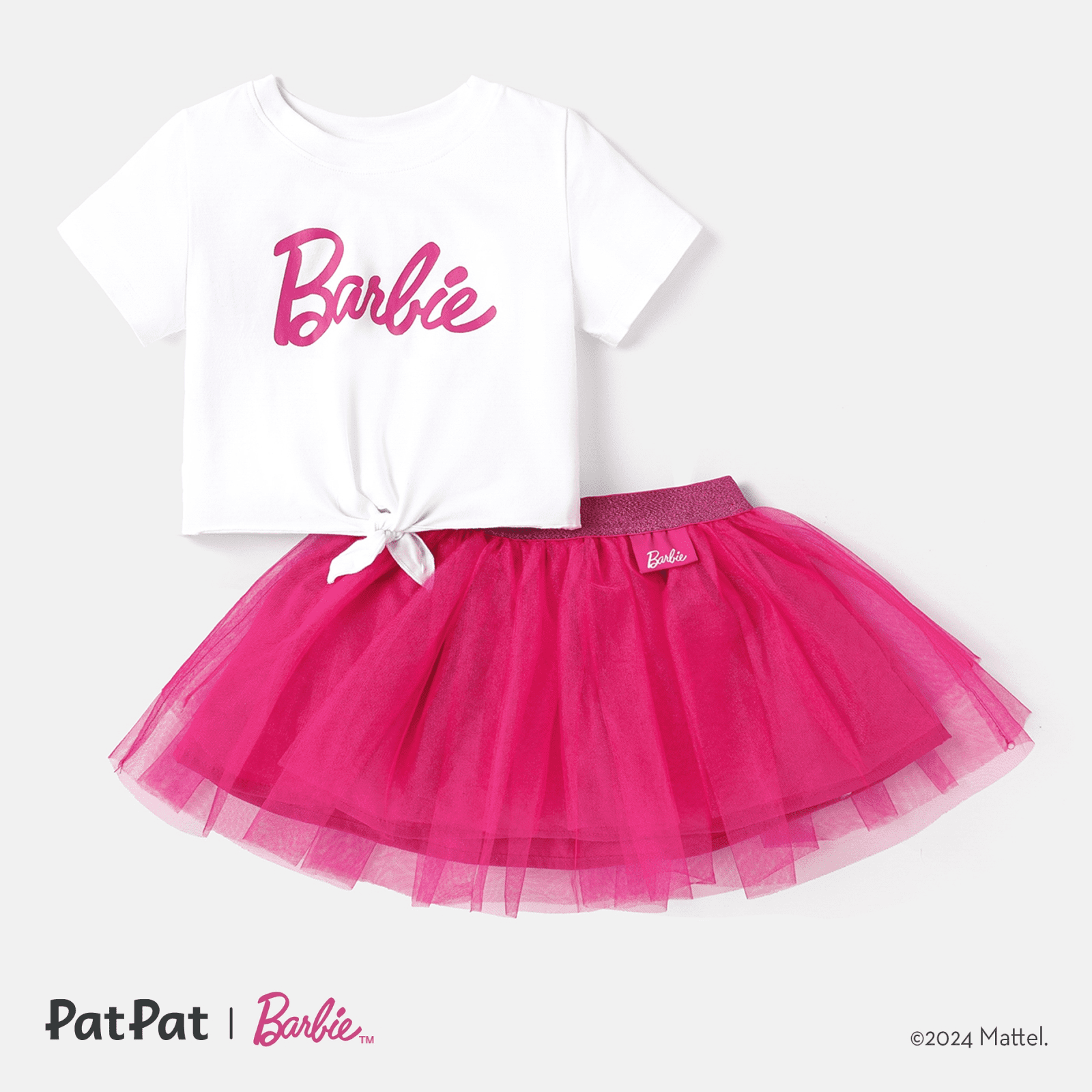 Barbie Girls Letter Print Tie Knot Cotton Tee with Mesh Skirt 2 Pieces ...