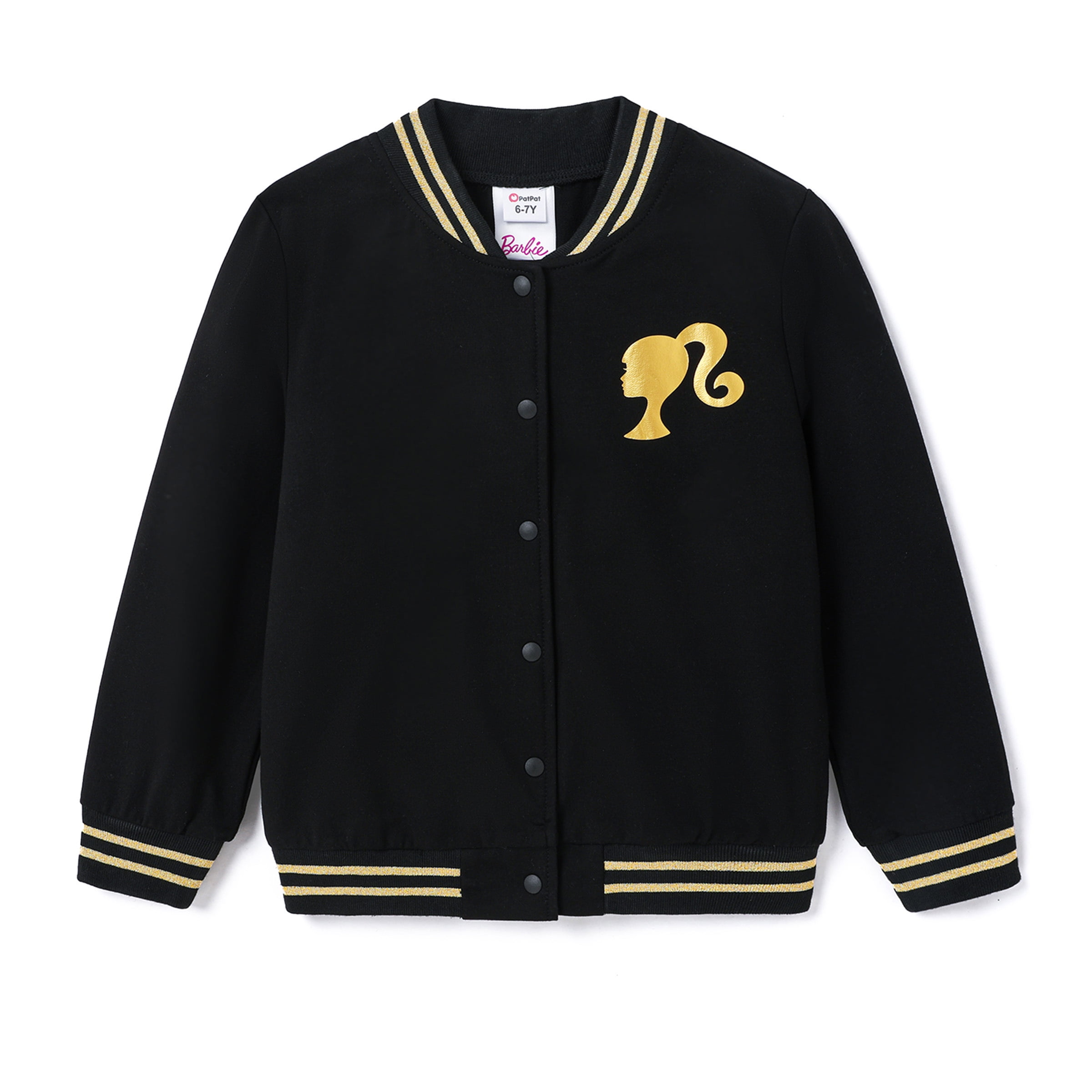 Barbie Girls Lightweight Jacket Black Graphic Heart Print Cotton Snap ...