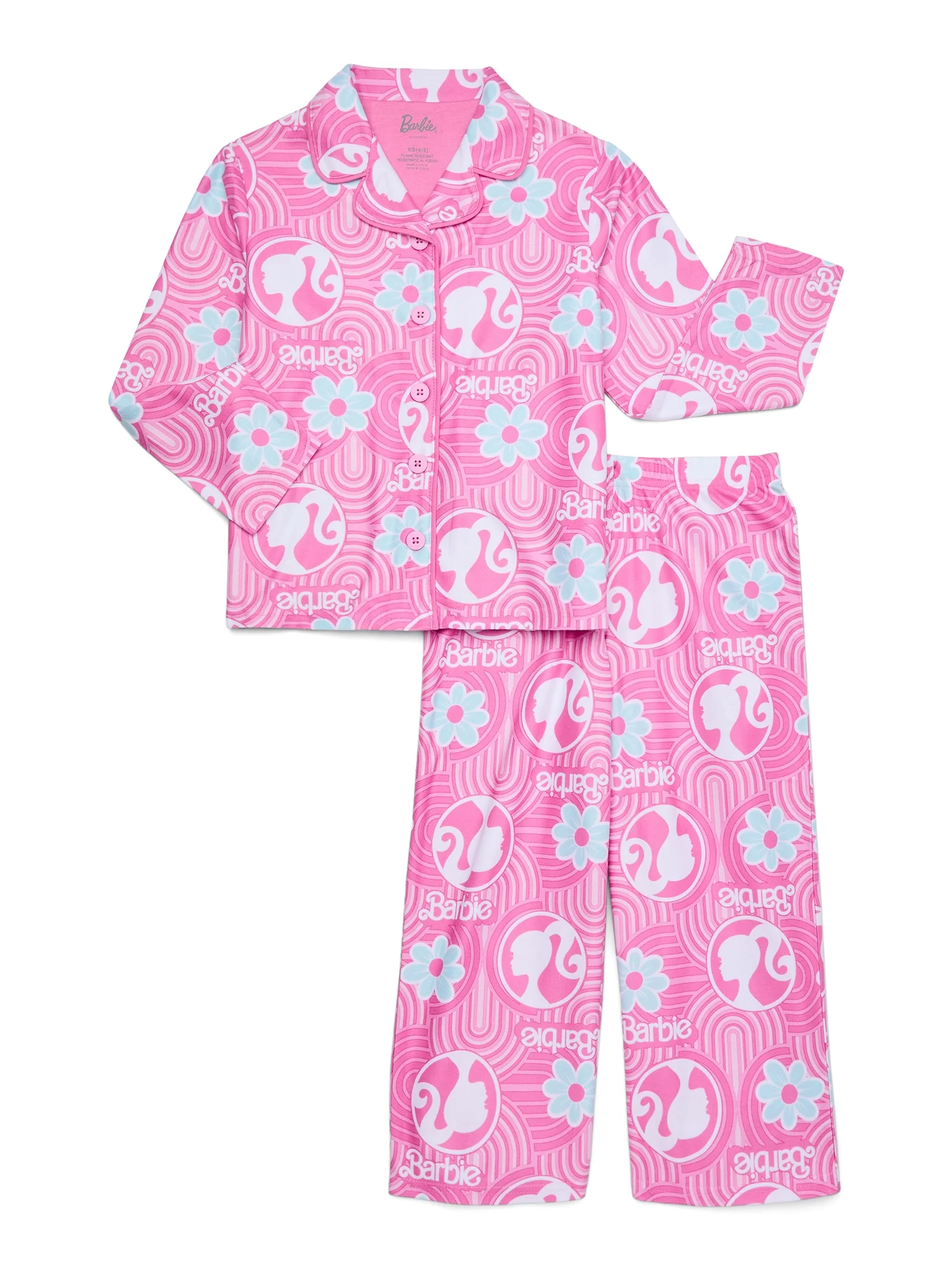 Barbie Girls Long-Sleeve Button-Front Top and Pants Pajama Set, 2-Piece ...