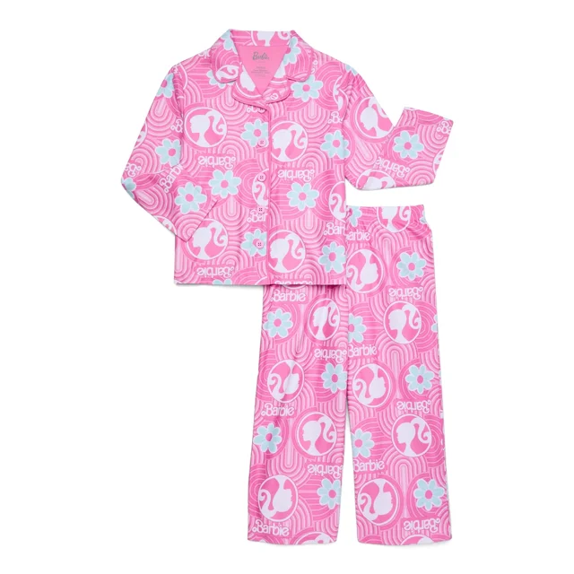 Barbie Girls Long-Sleeve Button-Front Top and Pants Pajama Set, 2-Piece ...