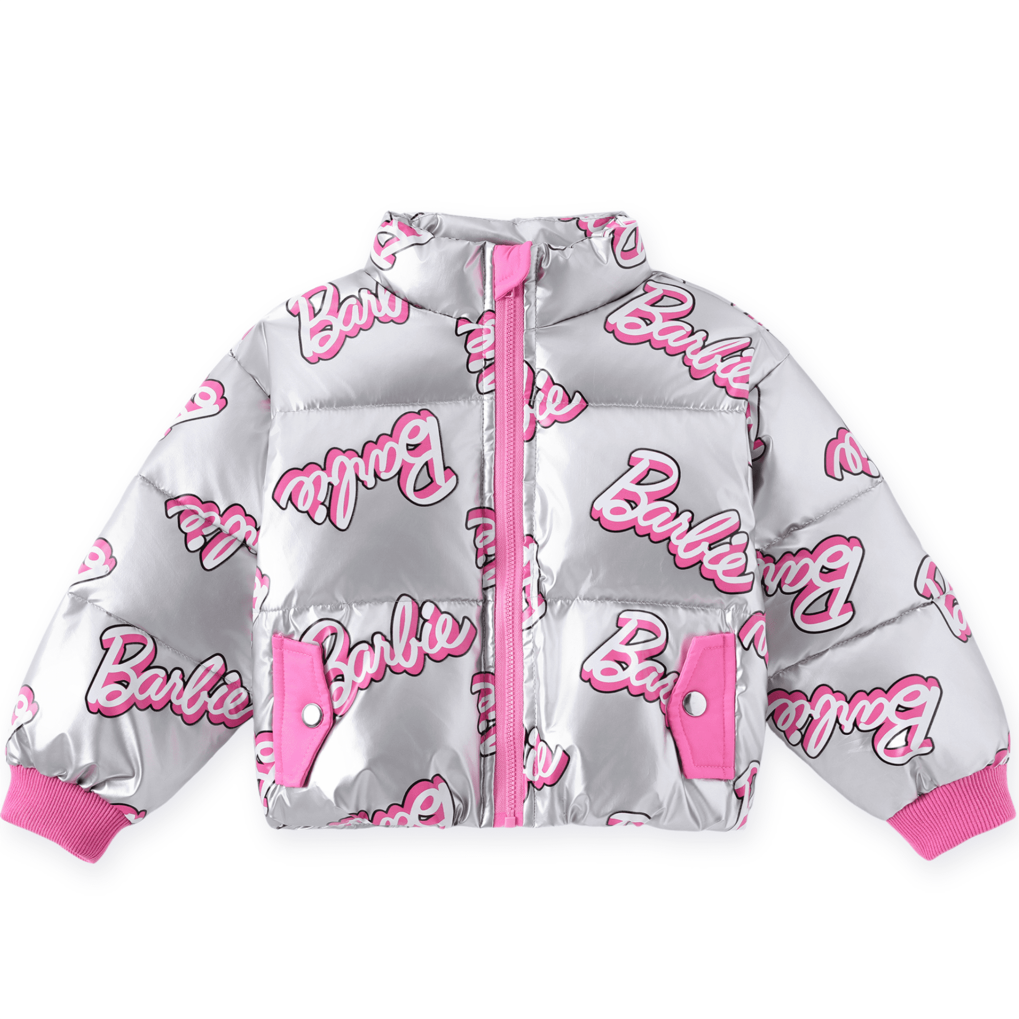 Barbie Girls Metallic Silver Puffer Outerwear Jacket Pink Script Logo ...