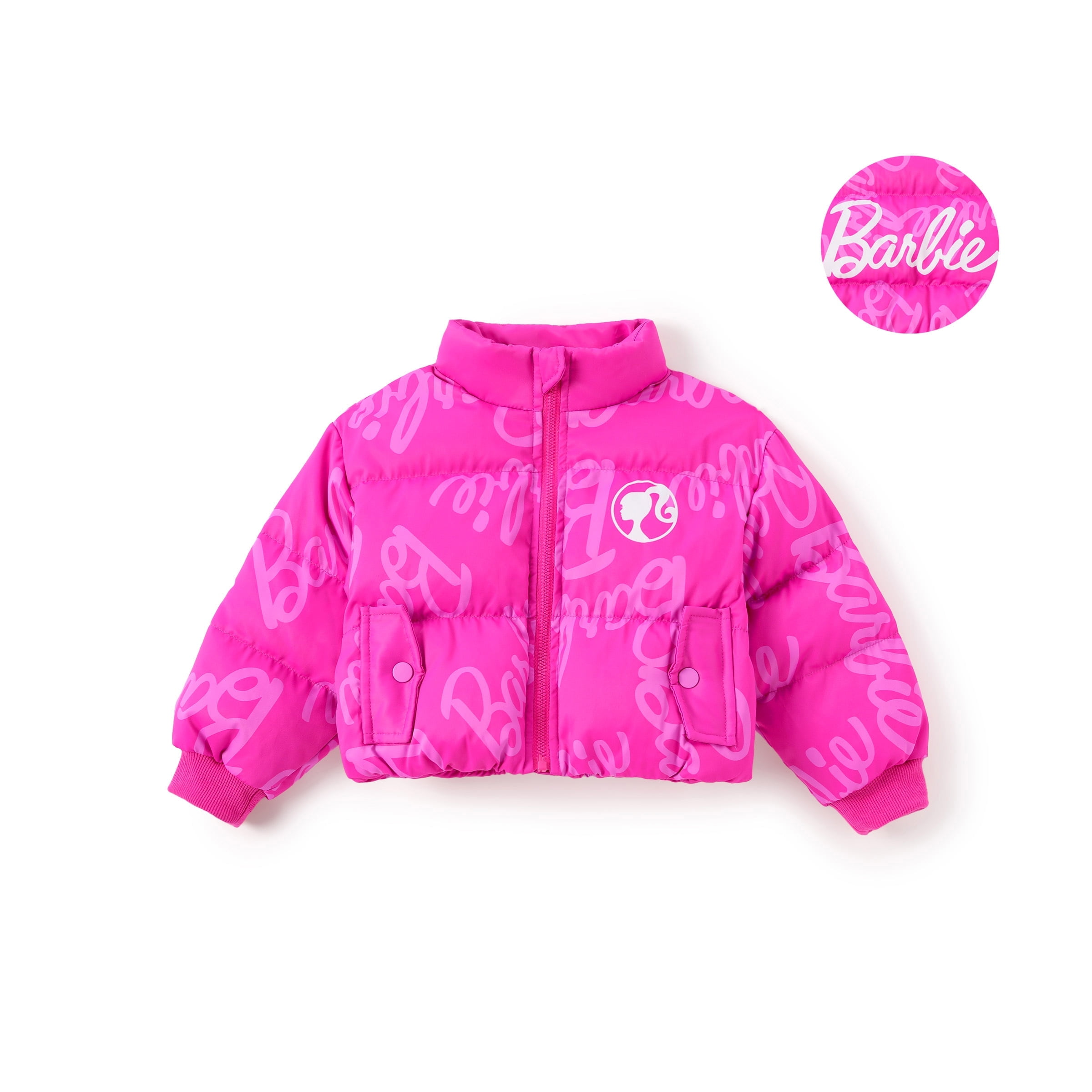 Barbie Girls Puffer Jacket Pink Graphic Allover Letter Print Gift ...