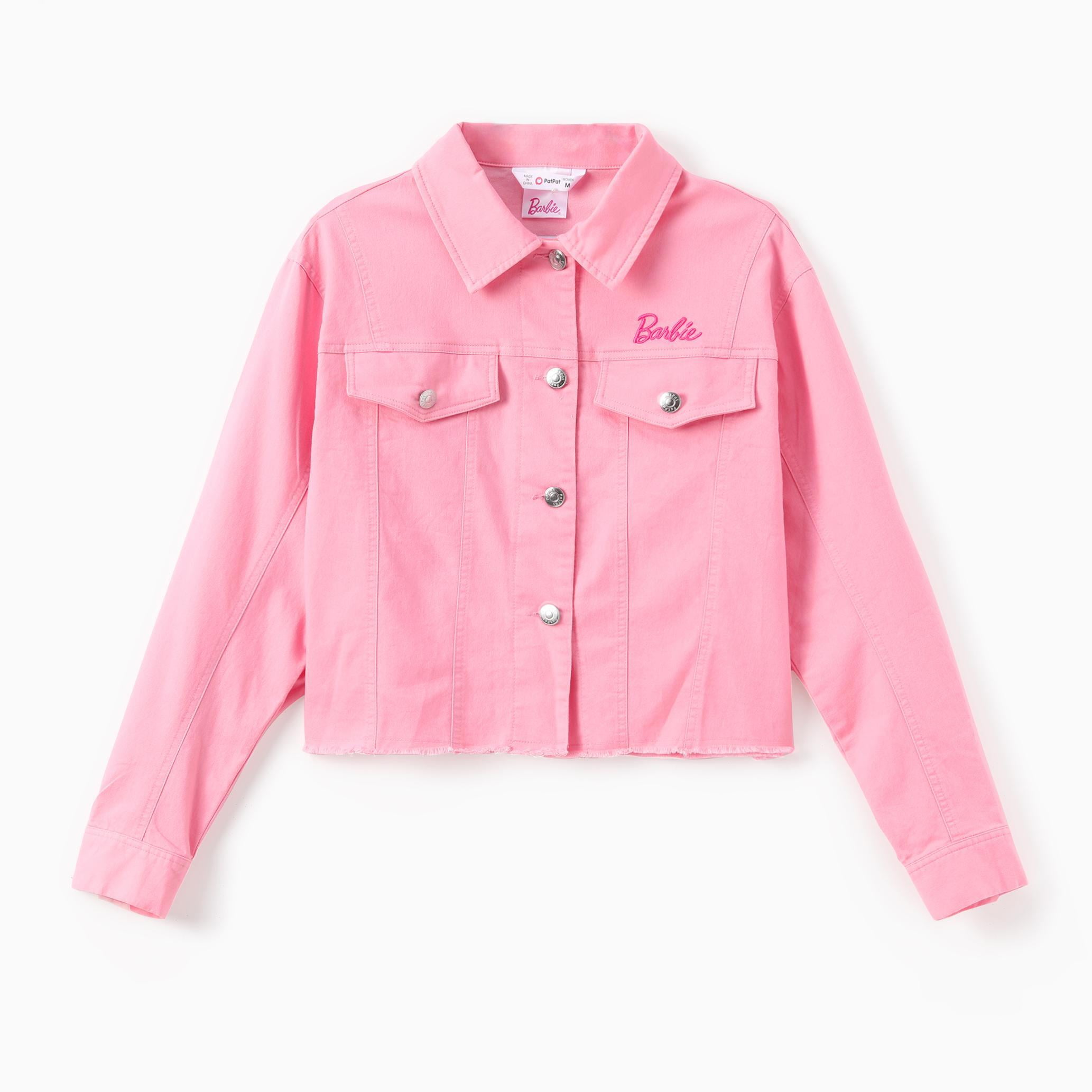 Barbie Girls Womens Jean Jacket Pink Letter Embroidered Long Sleeves ...