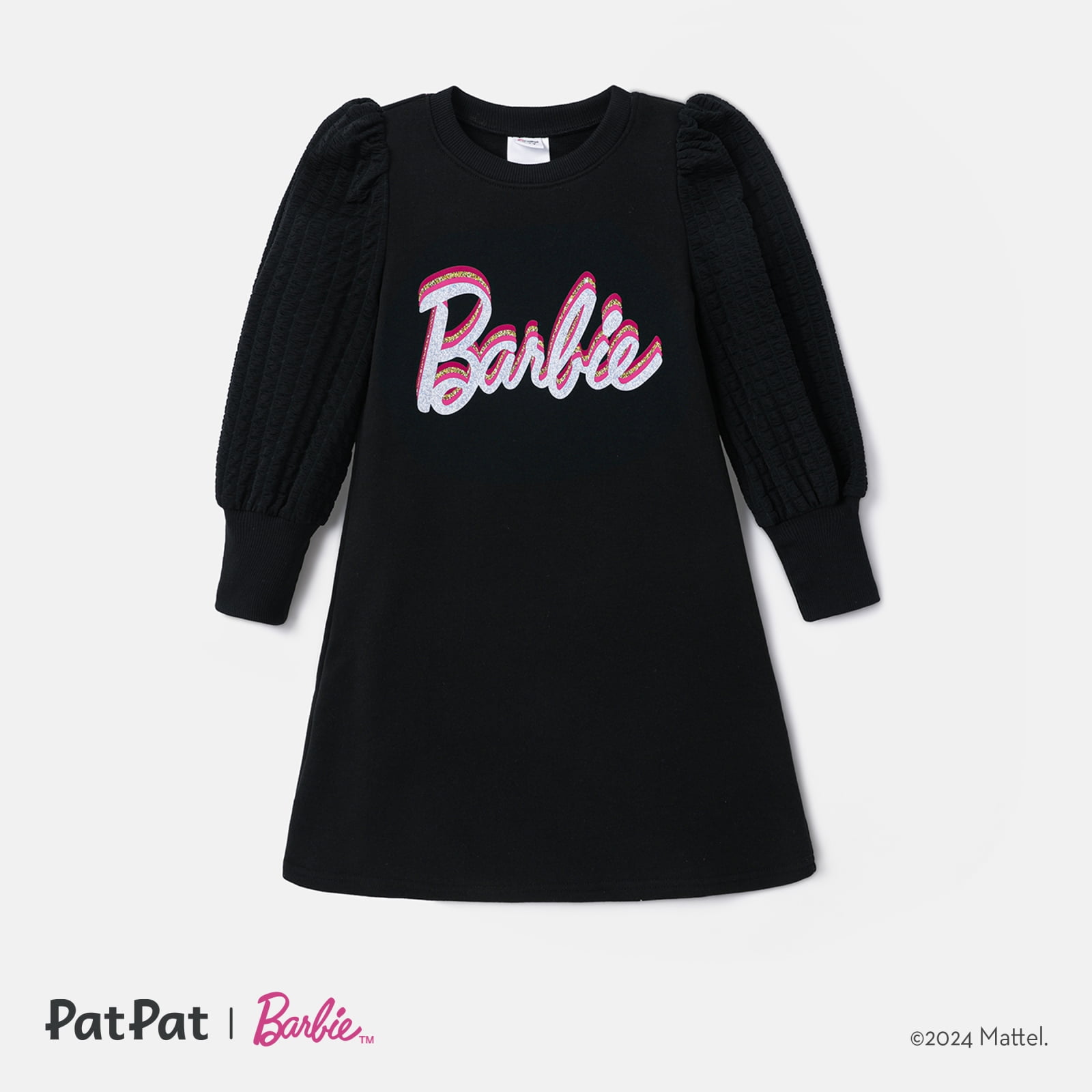 Barbie Kid Girls Dress Black Letter Print Crewneck Cotton Puff Sleeves ...