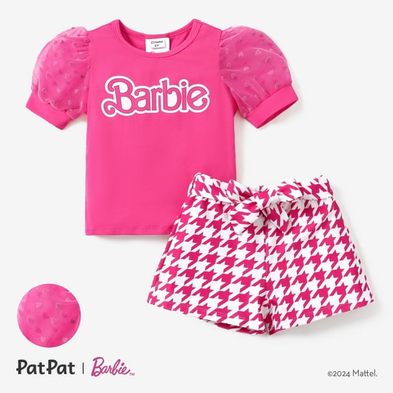 Barbie Girls Outfit, Puff Sleeve Logo Top, Houndstooth Bow Shorts ...