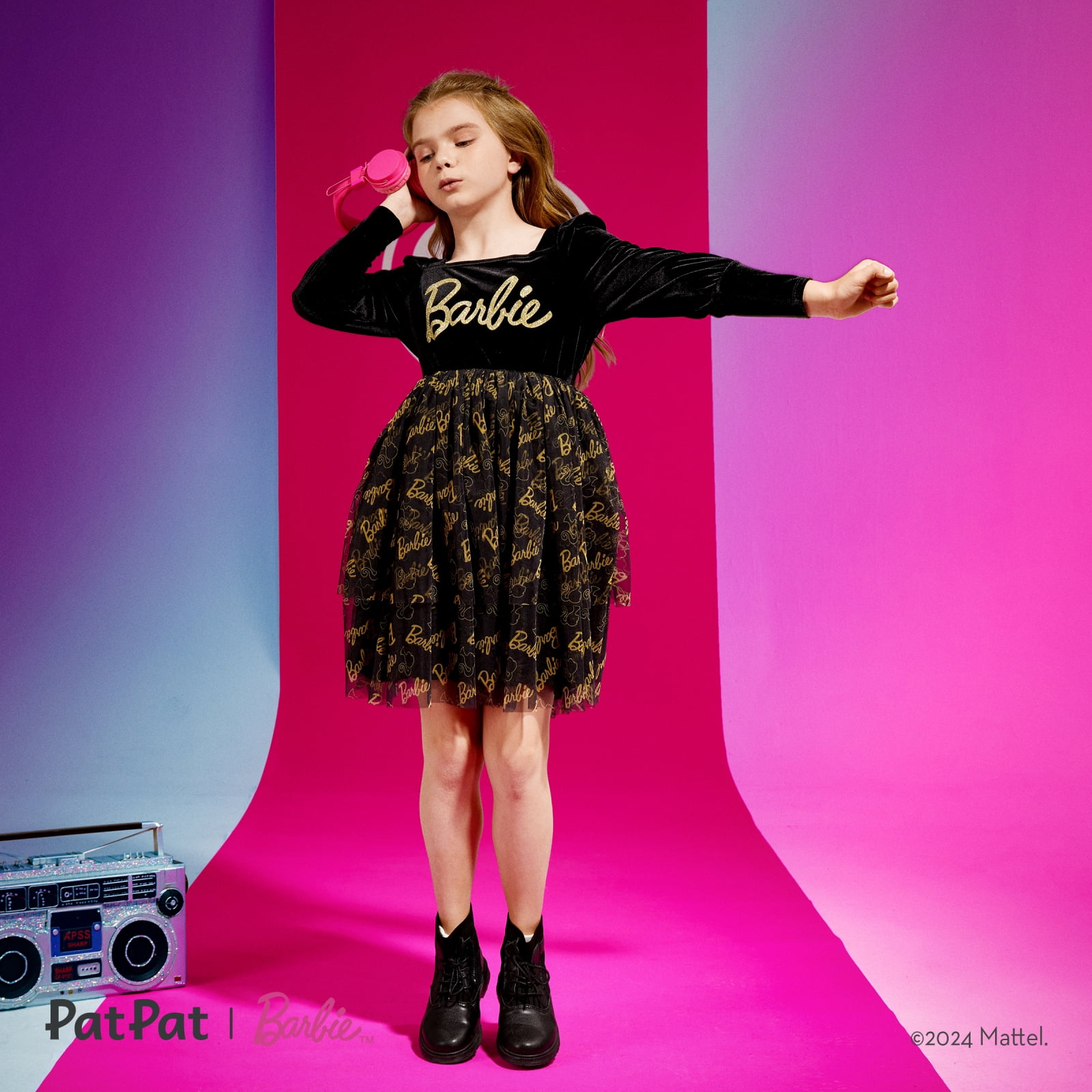 Barbie Kid Girls Tutu Dress Glitter Letter Graphic Long Sleeves Mesh ...