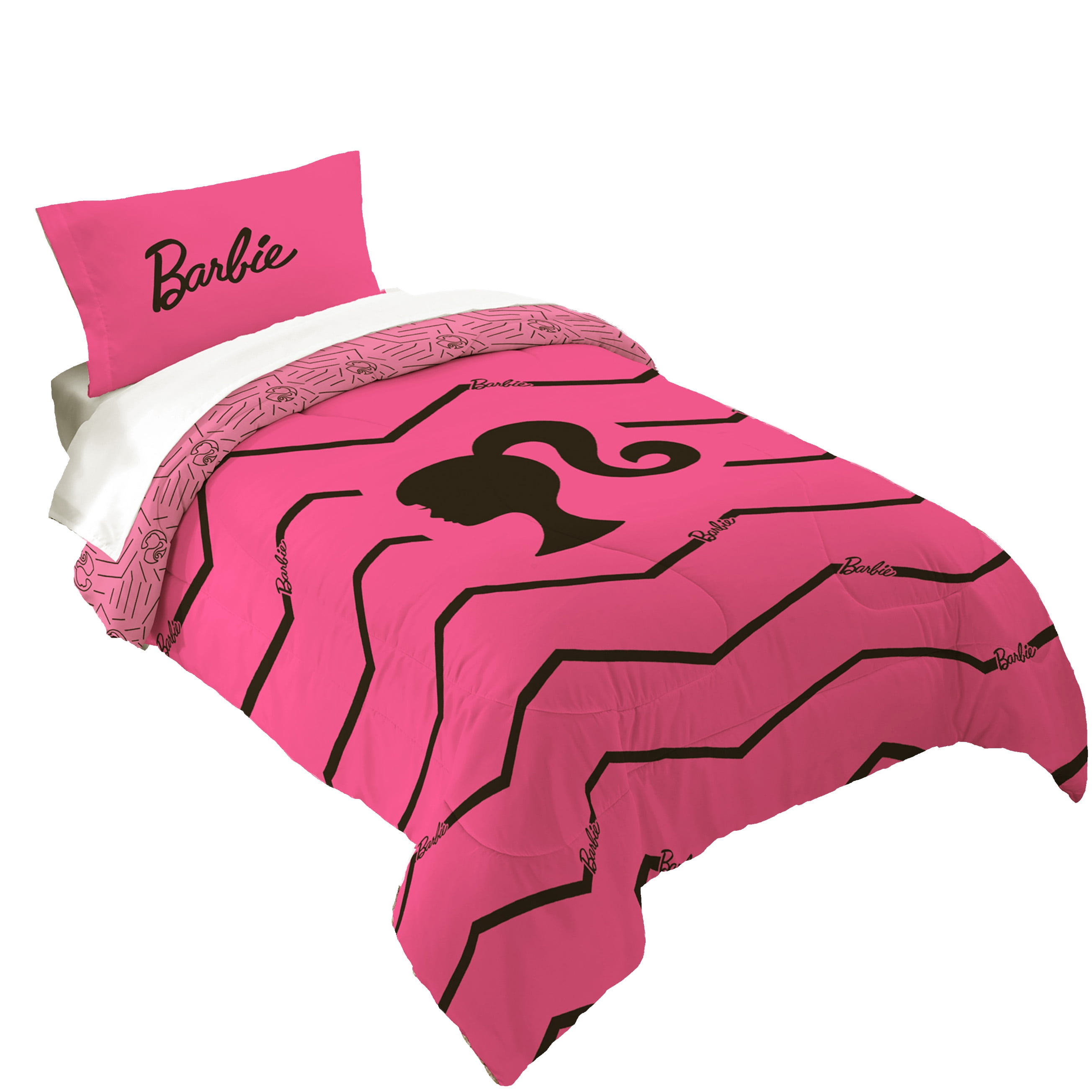 Barbie Kids 2 Piece Pink Black Chevron Reversible Comforter and ...