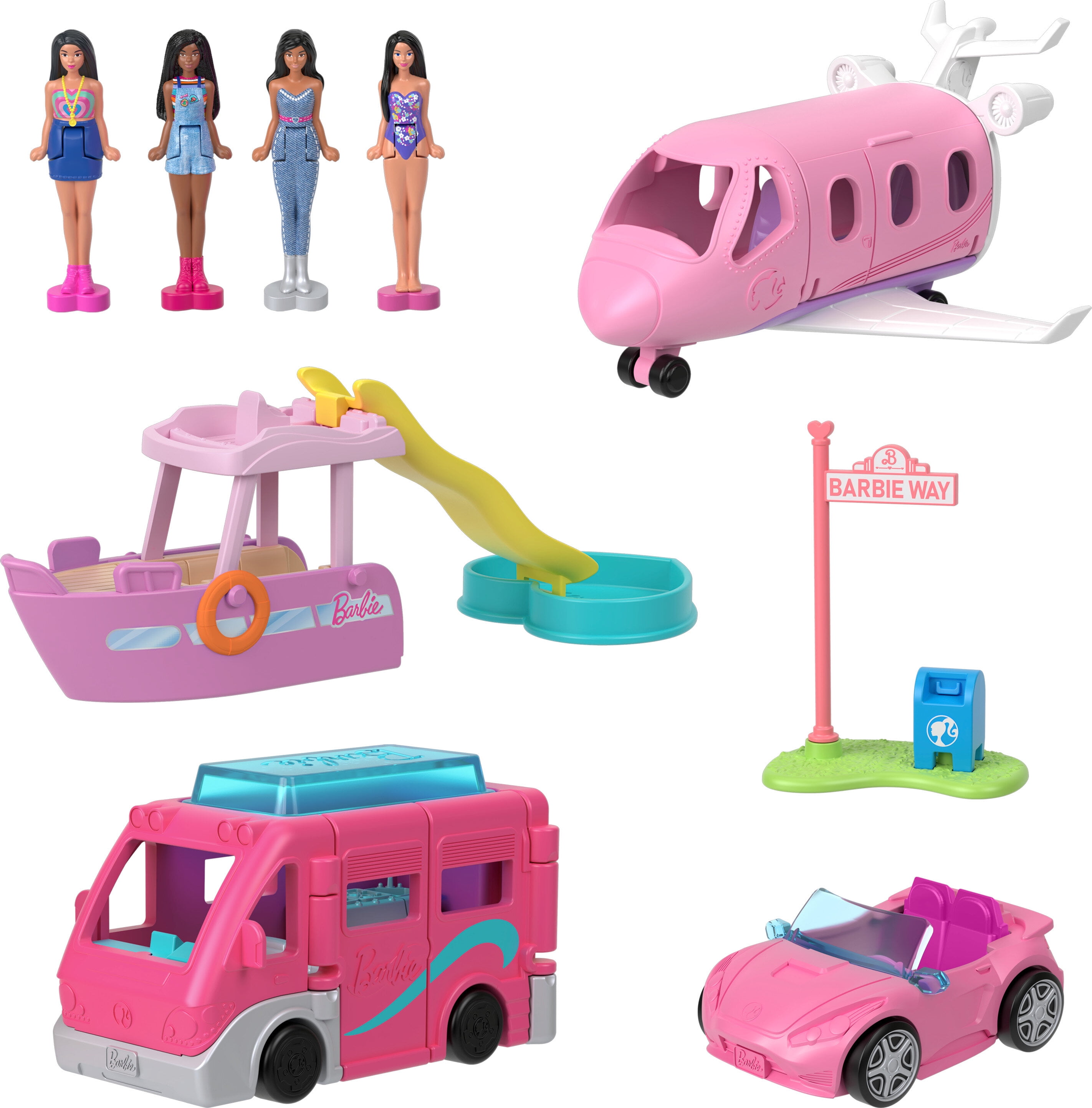 Barbie Mini BarbieLand 4-Pack Doll & Vehicle Set, 4 1.5-inch Dolls & 4 ...