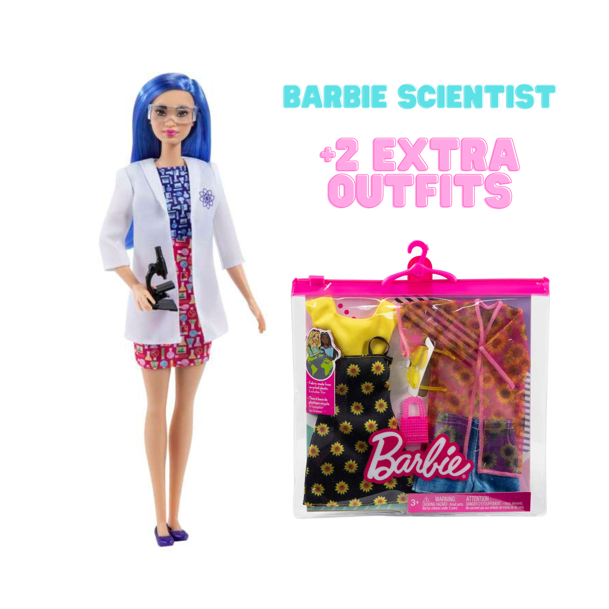 Barbie Scientist Fashion Doll in Lab Coat, Flats with Blue Hair ...