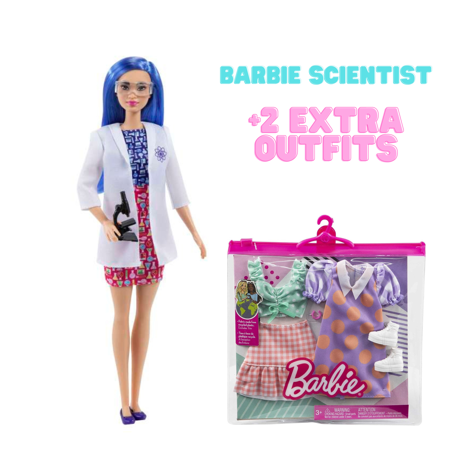 Barbie Scientist Fashion Doll in Lab Coat, Flats with Blue Hair ...