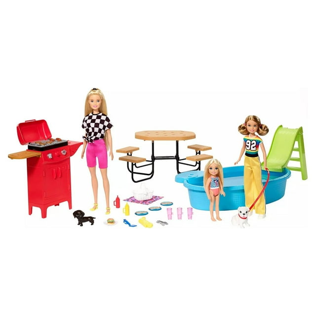 Barbie Sisters Play Cooking Grill Backyard BBQ Doll Playset, 20 Pieces ...