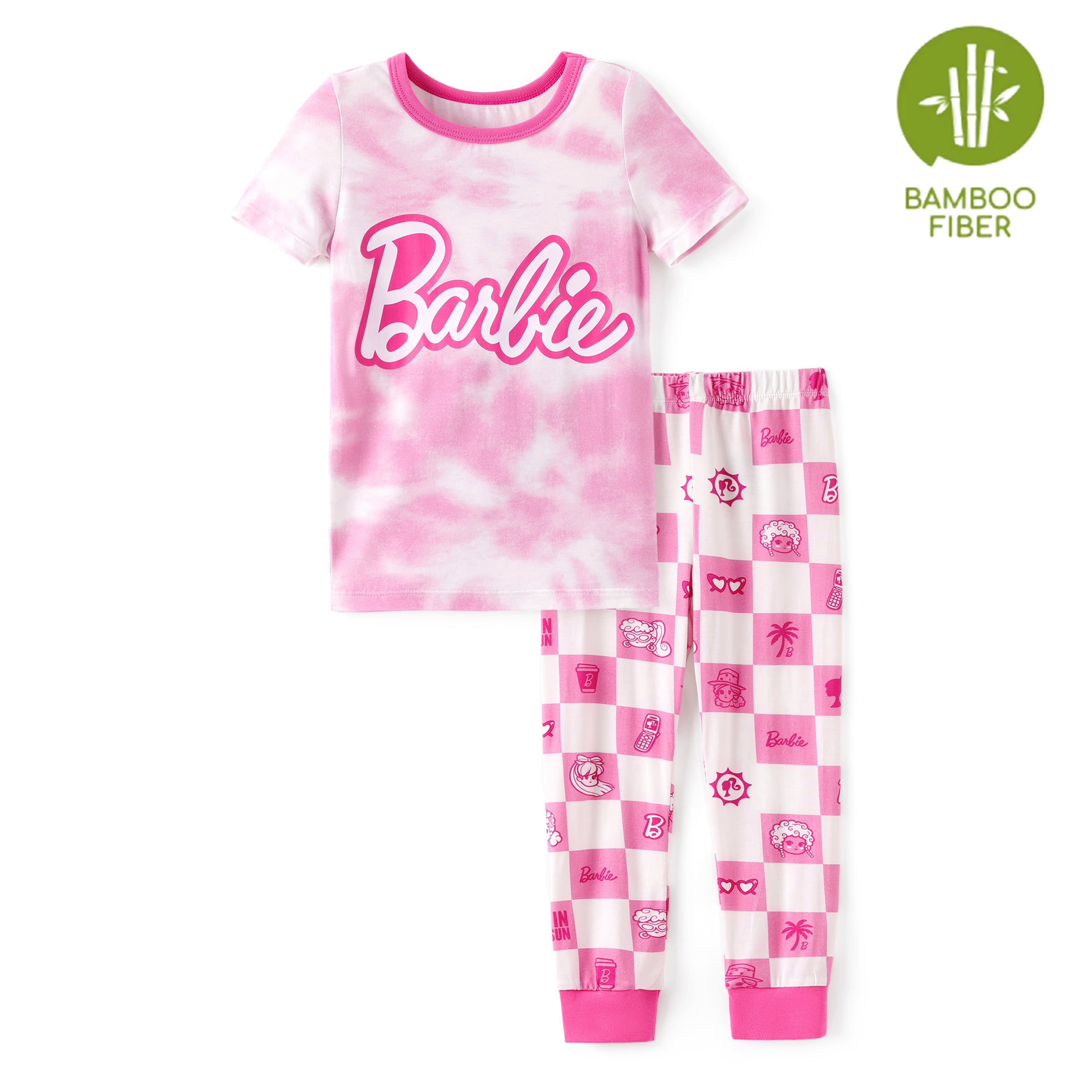 Barbie Toddler Girls Bamboo Pajamas Pink Tie Dye Short Sleeves Tee with ...