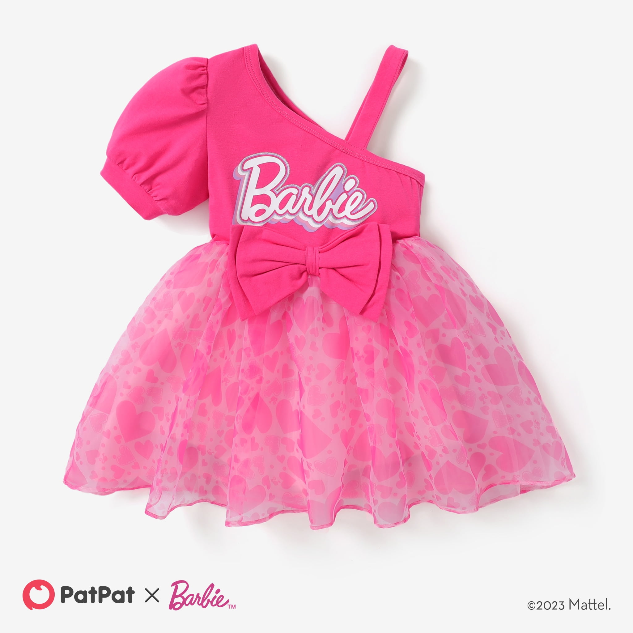 Barbie Toddler Girls Dresses Heart-Shaped Bowknot One-Shoulder Flare ...
