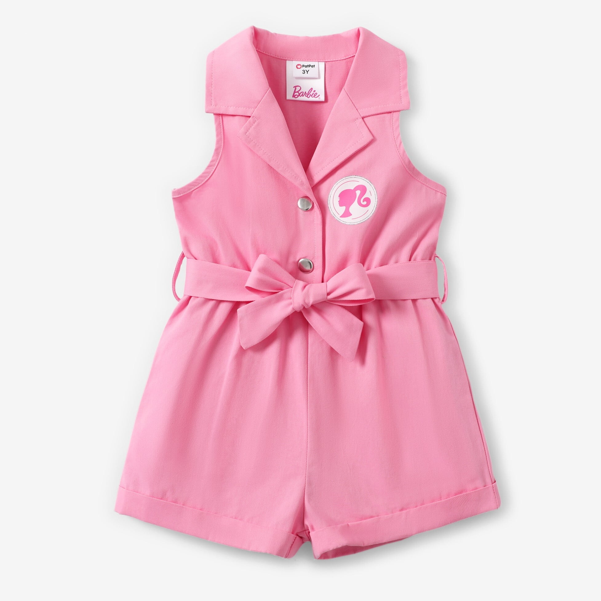 Barbie Toddler Girls Romper Pink Cotton Bowknot Belted Button ...