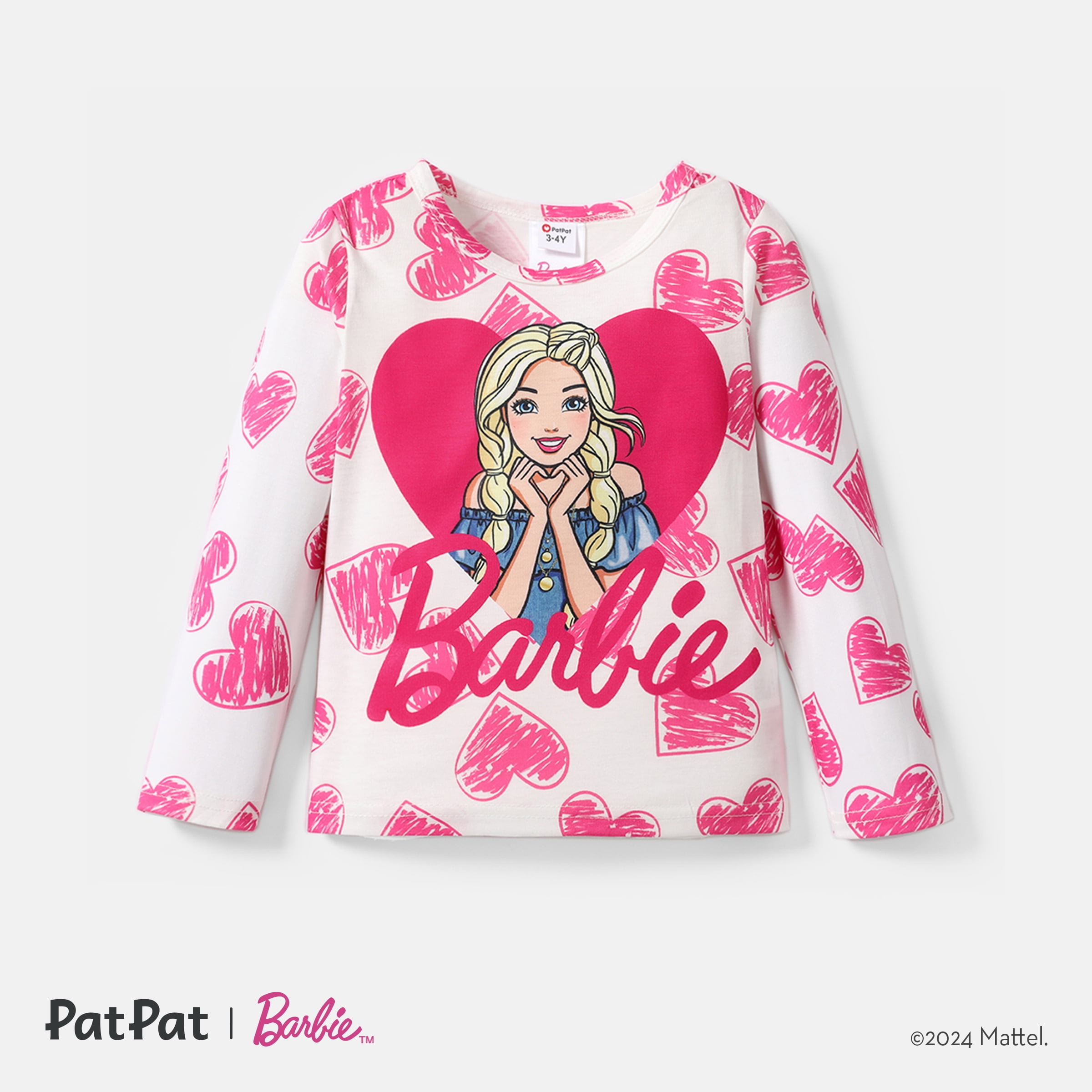 Barbie Toddler Girls Tops Pink Heart Print Long-sleeve Tee Sizes 2-6 ...