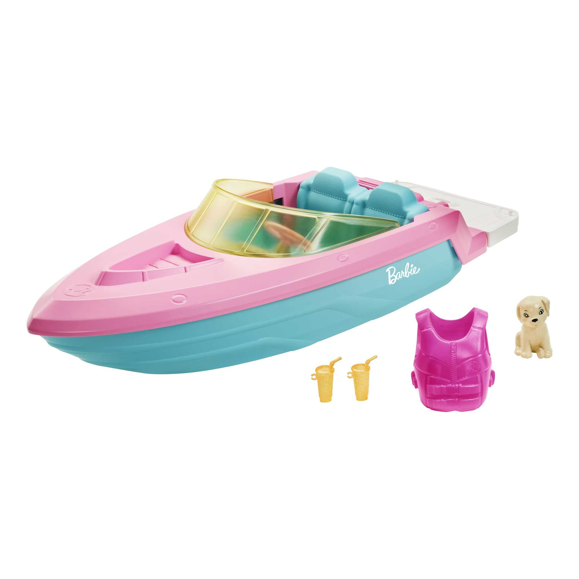 Free Shipping! Barbie Speedboat Toy with Puppy Life Vest and Beverage ...