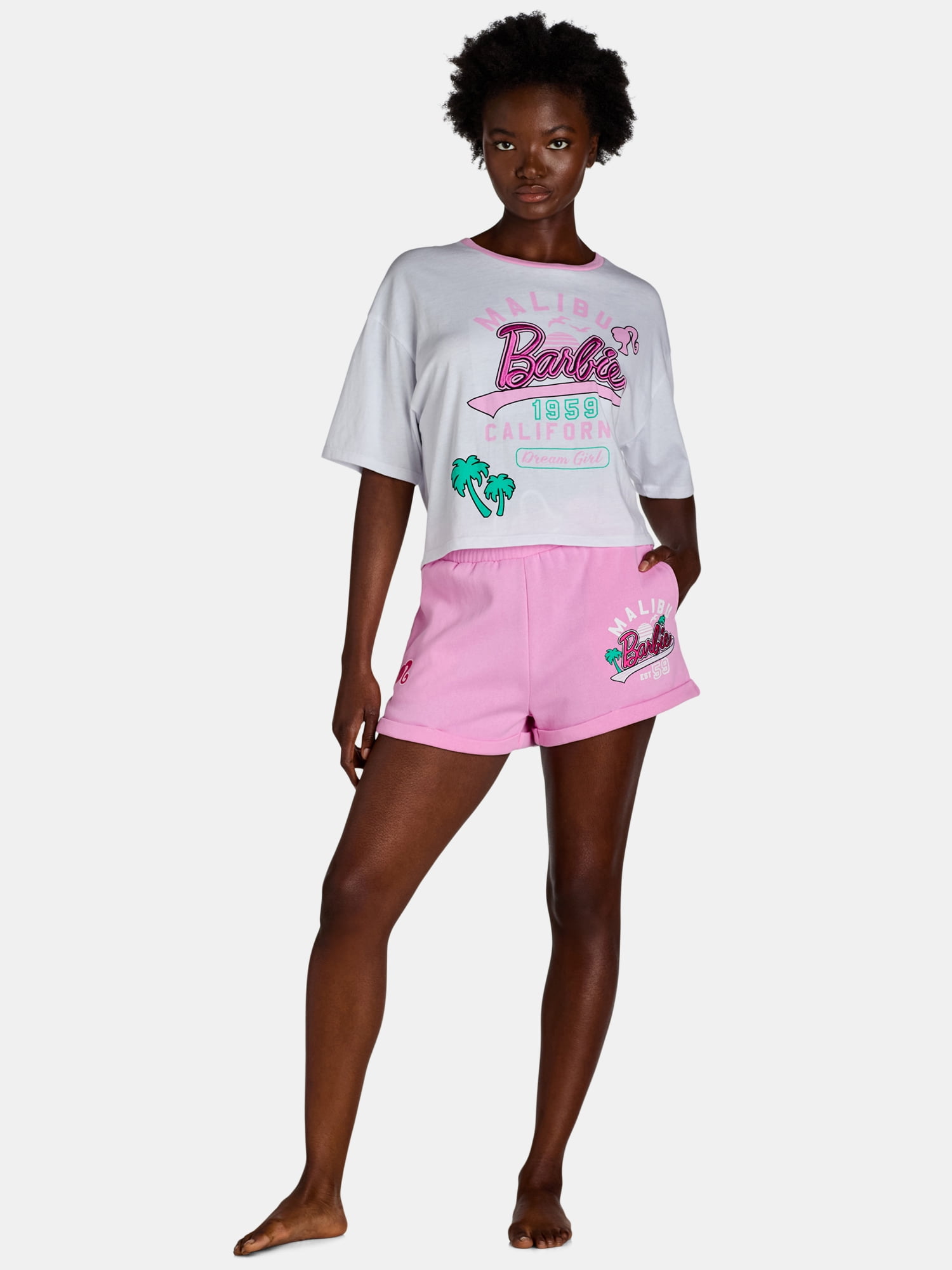 Barbie Women's Juniors Licensed Skimmer T-Shirt and Shorts Outfit Sets ...
