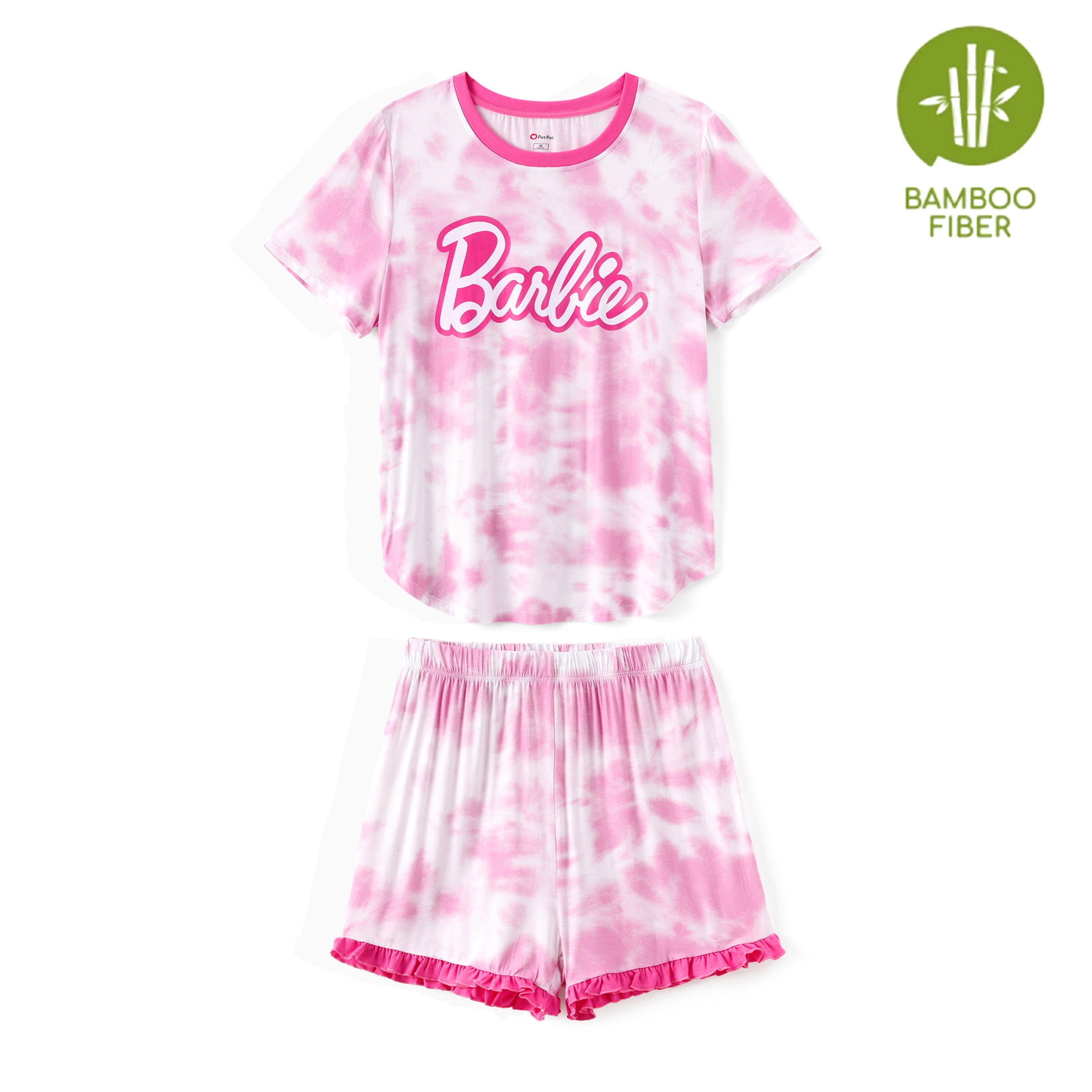 Barbie Womens Bamboo Pajamas Pink Tie Dye Short Sleeves Tee with Ruffle ...