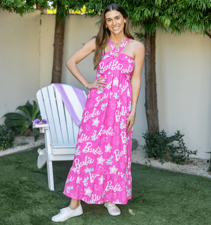 Barbie Womens Dresses Graphic Halter Ruched Waist Smocked Back Maxi ...