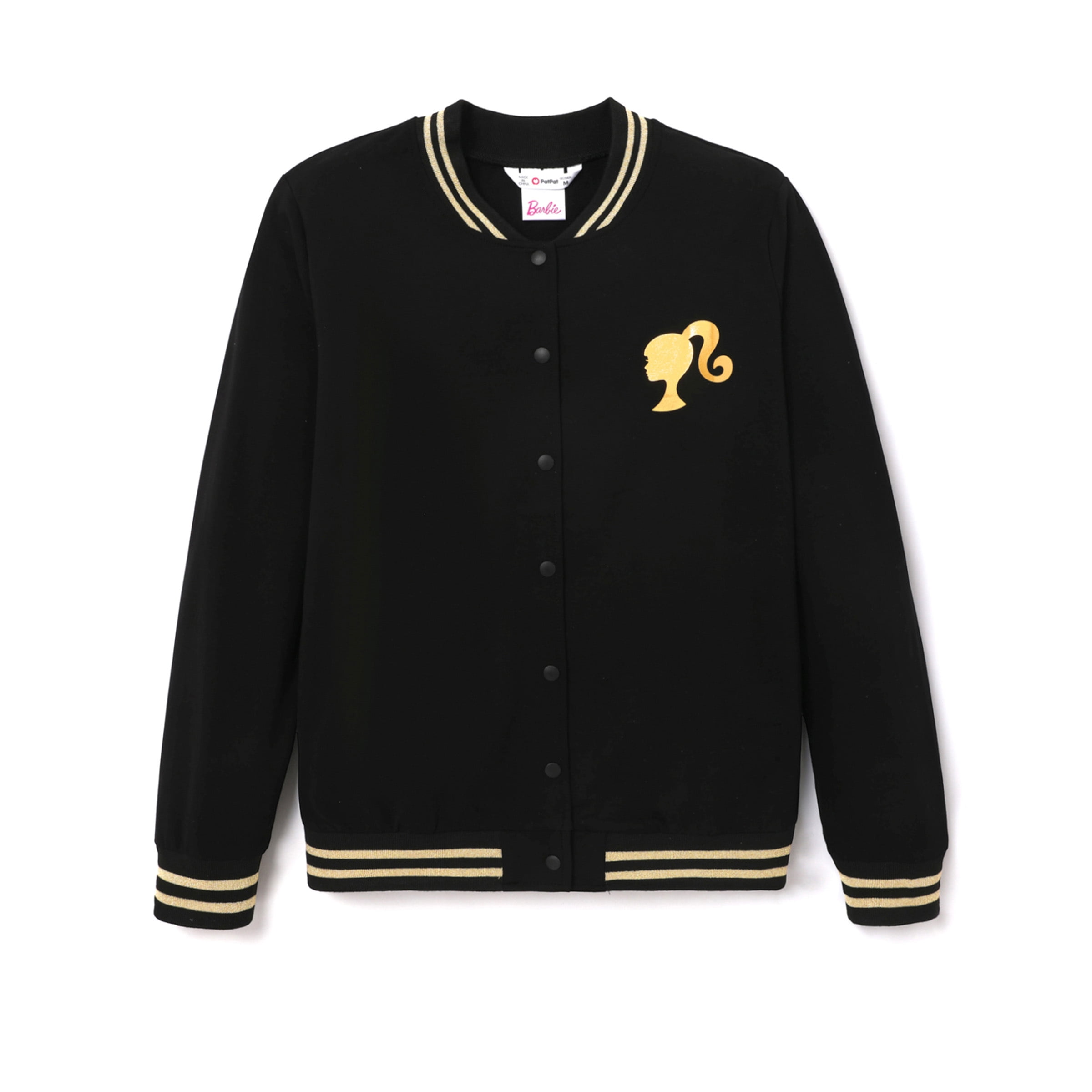 Barbie Womens Lightweight Jacket Black Graphic Heart Print Cotton Snap ...