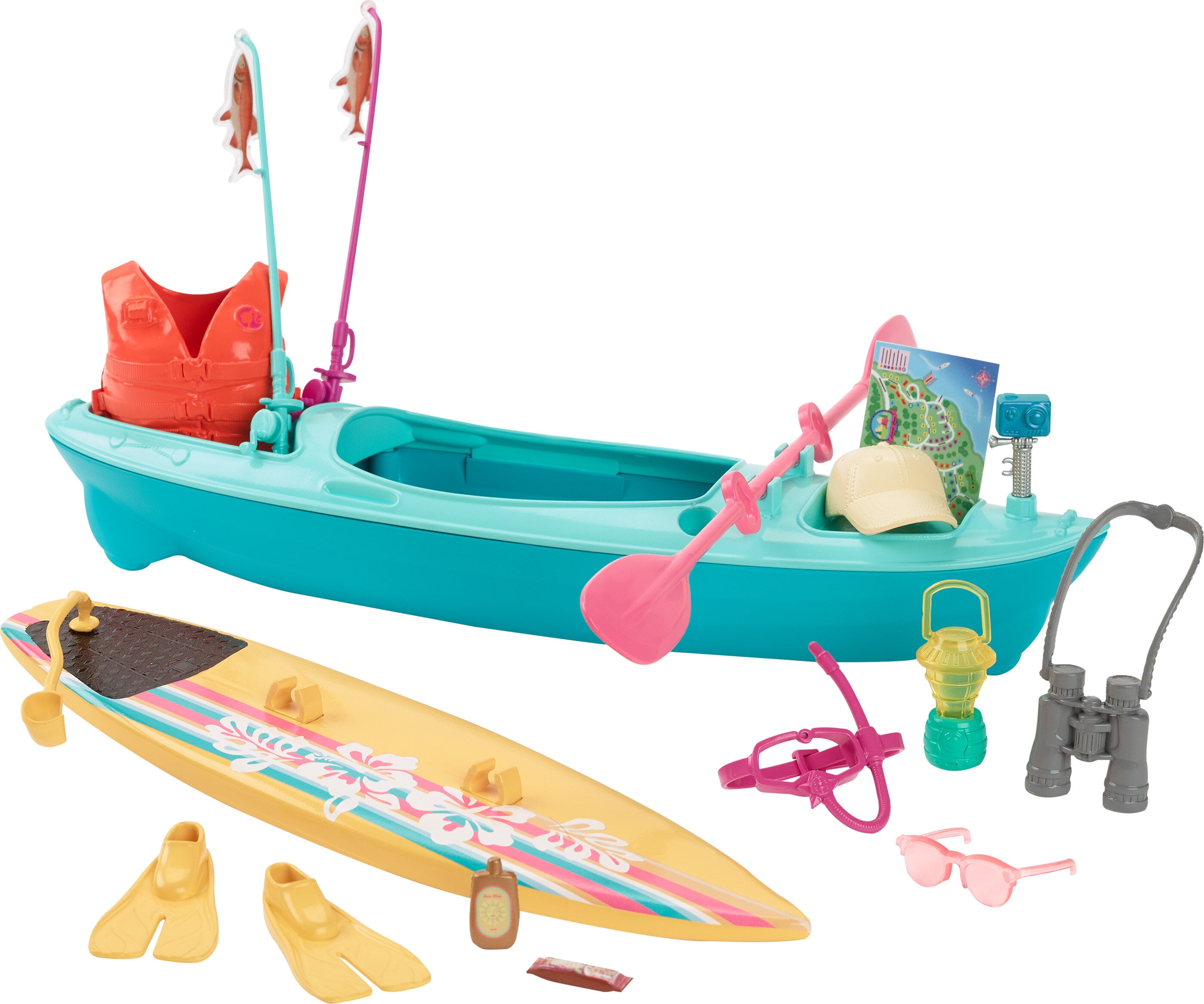 Barbie World Kayak & Surf Playset with 17 Camping Accessories Including ...